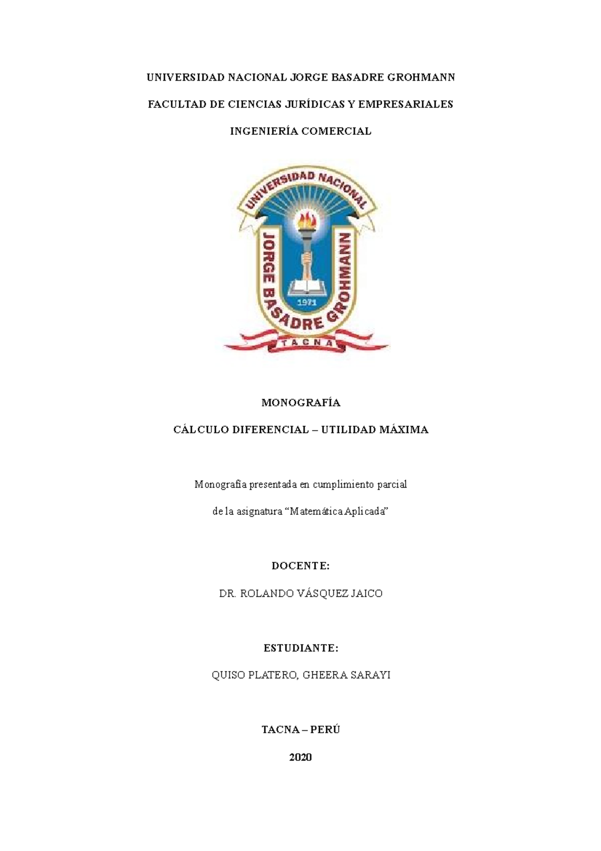 Proyecto DE Utilidad Máxima - UNIVERSIDAD NACIONAL JORGE BASADRE ...