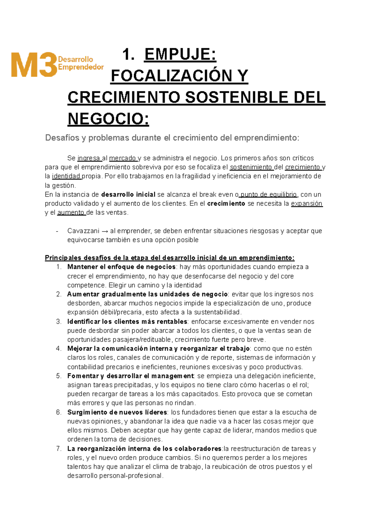 Desarrollo emprendedor M3 y 4 - 1. EMPUJE: FOCALIZACIÓN Y CRECIMIENTO SOSTENIBLE DEL NEGOCIO ...