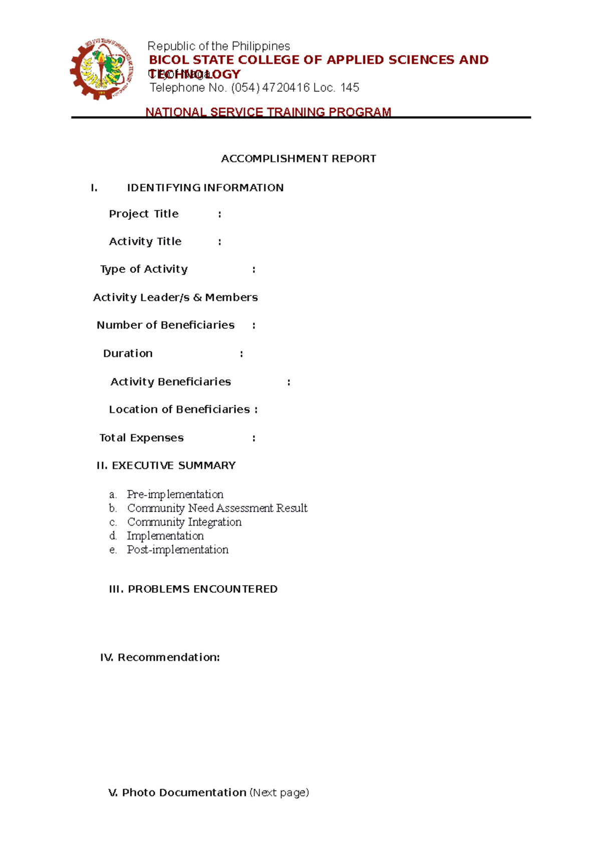 Form NSTP-CI Accomplishment-Report - Republic of the Philippines BICOL STATE COLLEGE OF APPLIED ...