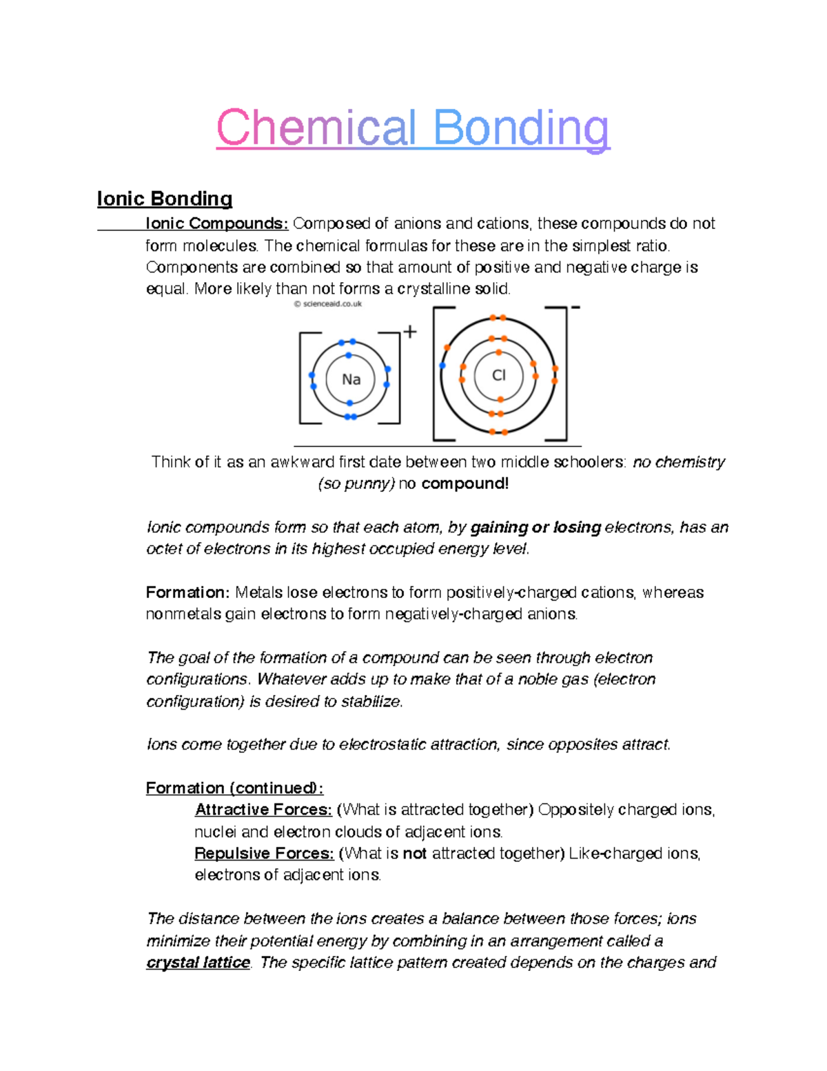 Bonding Study Guide - Chemical Bonding Ionic Bonding Ionic Compounds ...