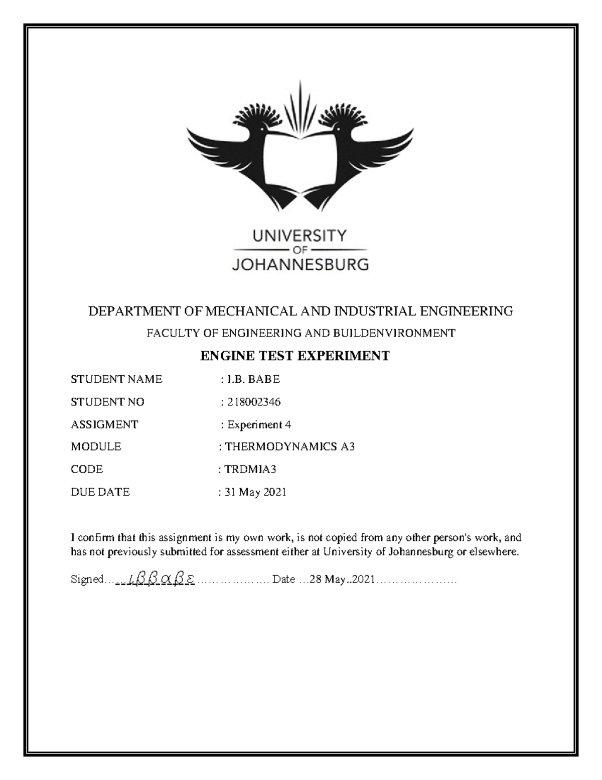 Engine TEST - LAB - DEPARTMENT OF MECHANICAL AND INDUSTRIAL ENGINEERING ...