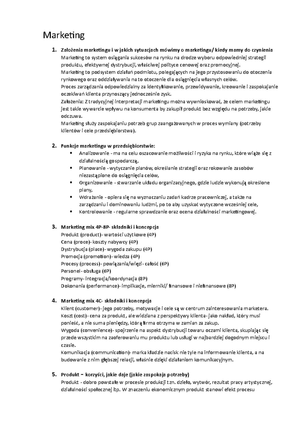 Marketing - notatki na kolokwium - Marketing 1. Założenia marketingu i ...