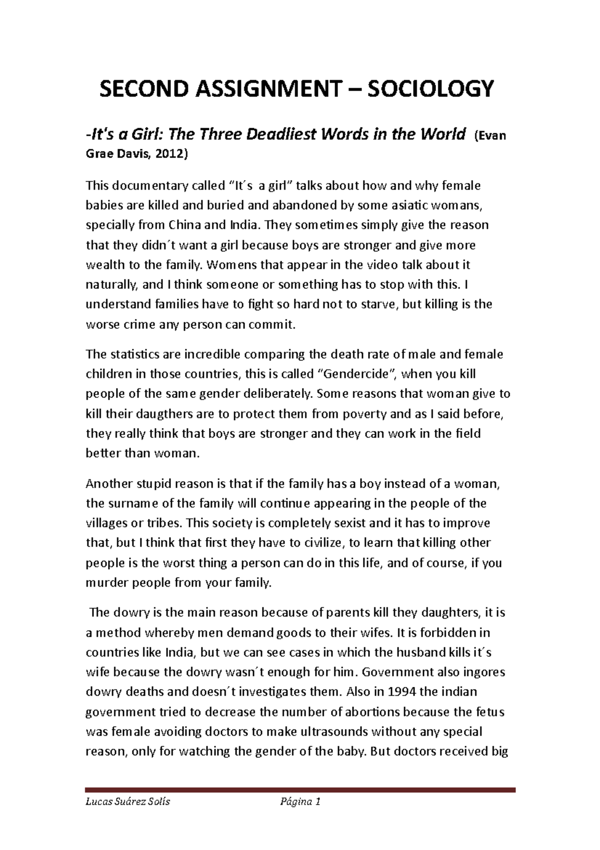 Second Assignment - SECOND ASSIGNMENT – SOCIOLOGY -It's a Girl: The ...