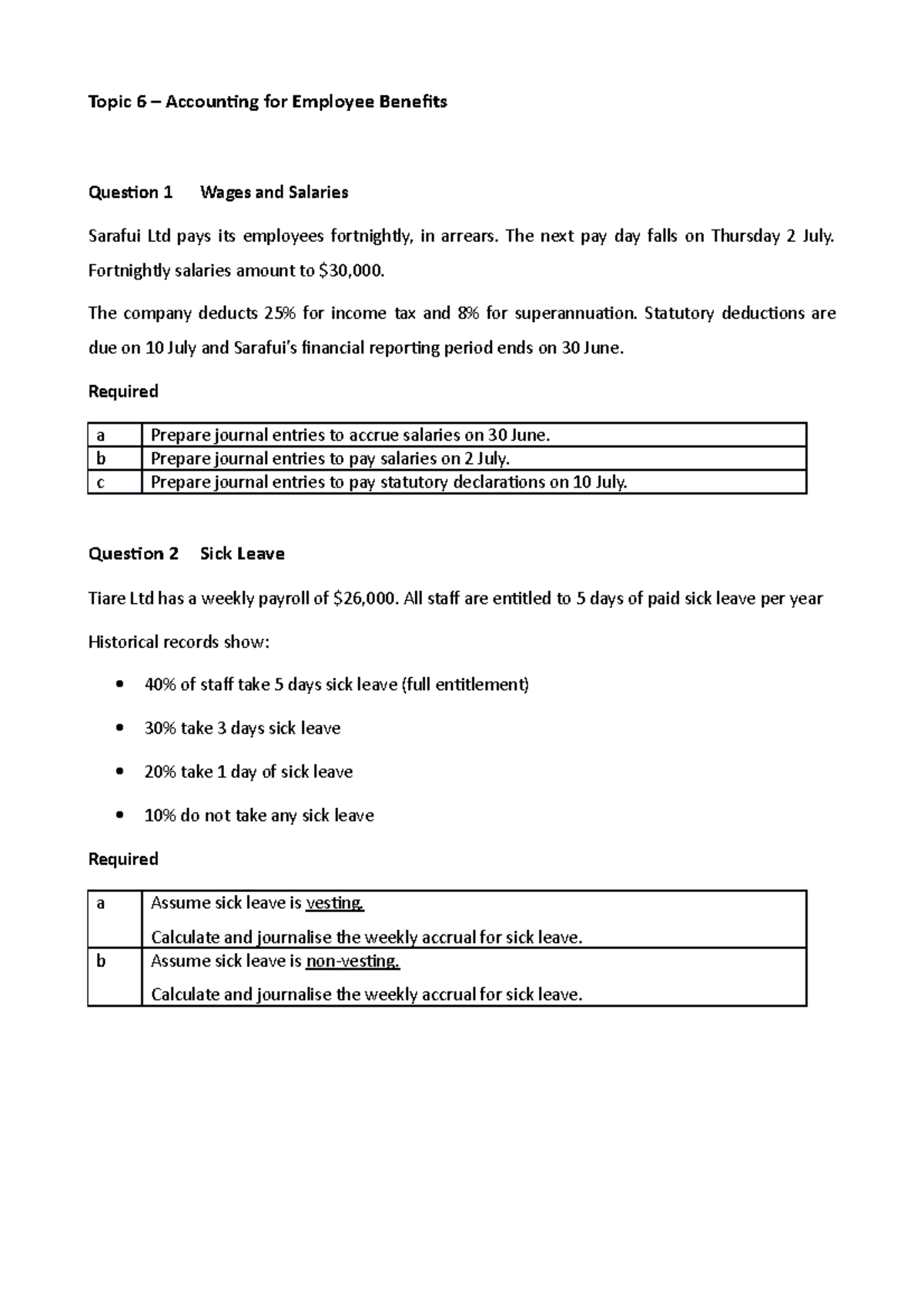 Week 6 - Employee Benefits - Lecture Exercises - Topic 6 – Accounting ...