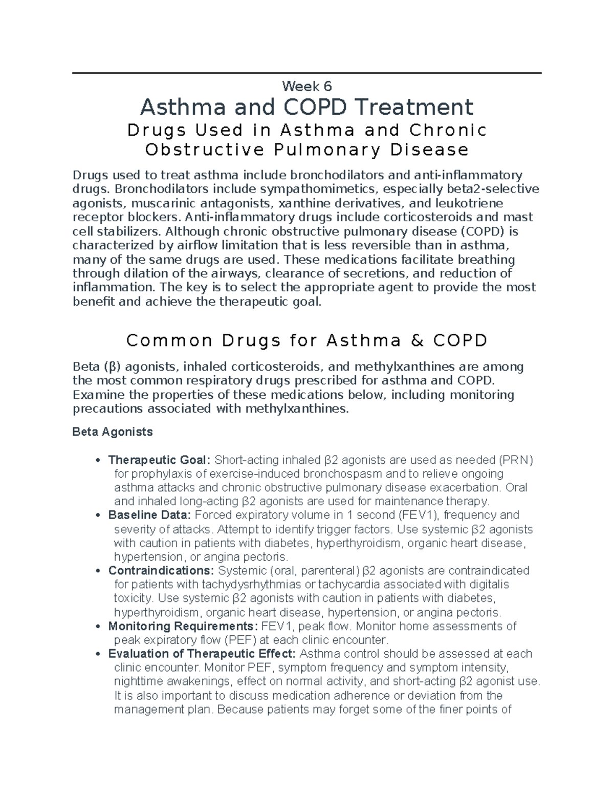 Week 6 notes - Week 6 Asthma and COPD Treatment D r u g s U s e d i n A ...