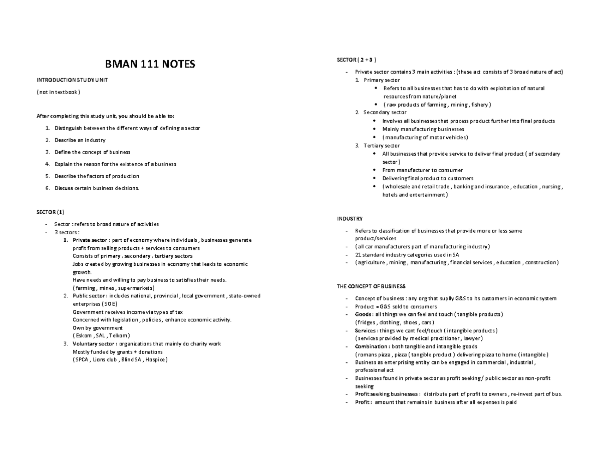 Bman opsommings - summaries for BMAN 121 - BMAN 111 NOTES INTRODUCTION ...