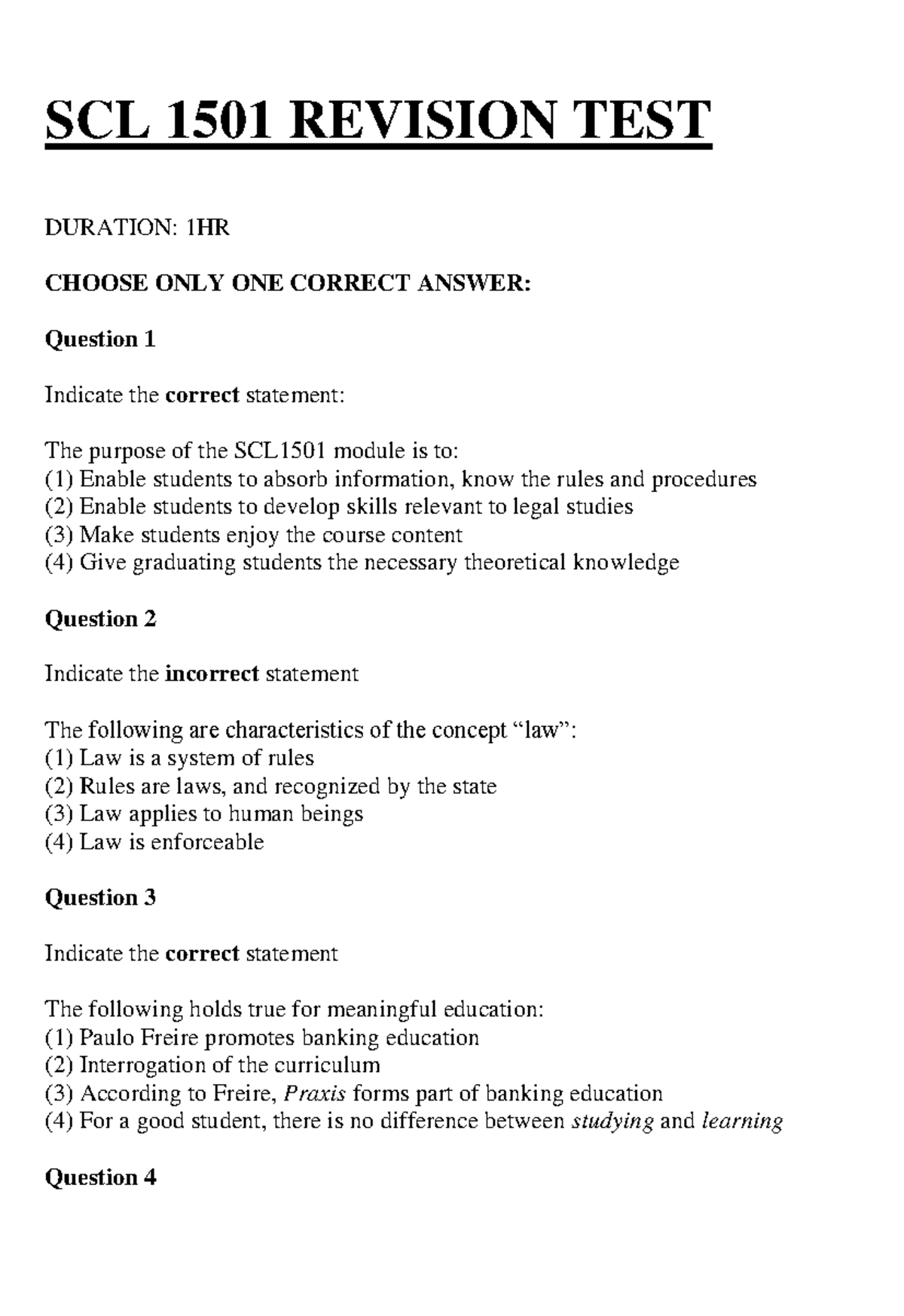 SCL Revision - SCL - SCL 1501 REVISION TEST DURATION: 1HR CHOOSE ONLY ...