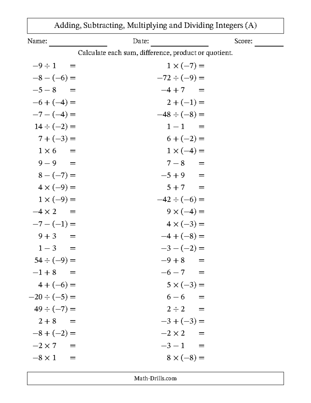 Integers all operations 0909 np 001 - Adding, Subtracting, Multiplying ...