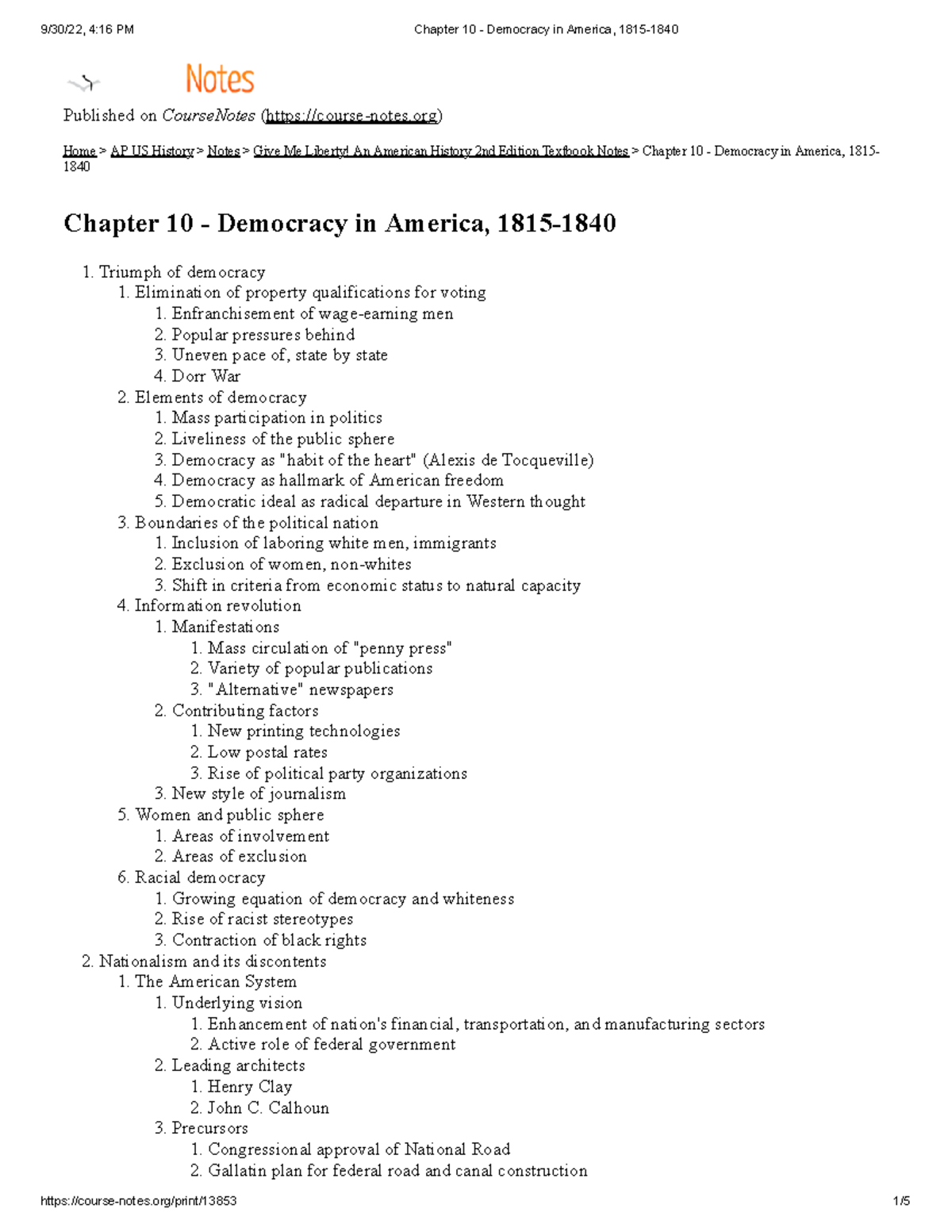 Chapter 10 Notes - Democracy in America, 1815-1840 - Published on ...