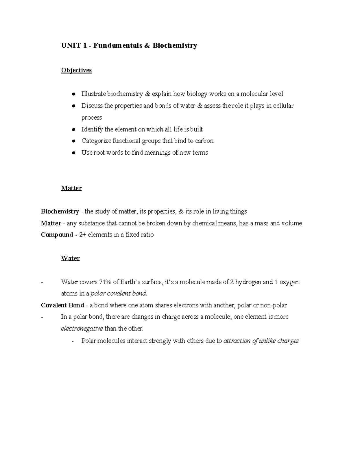 AP Biology Notes - Unit 1, Fundamentals and Biochemistry - UNIT 1 ...