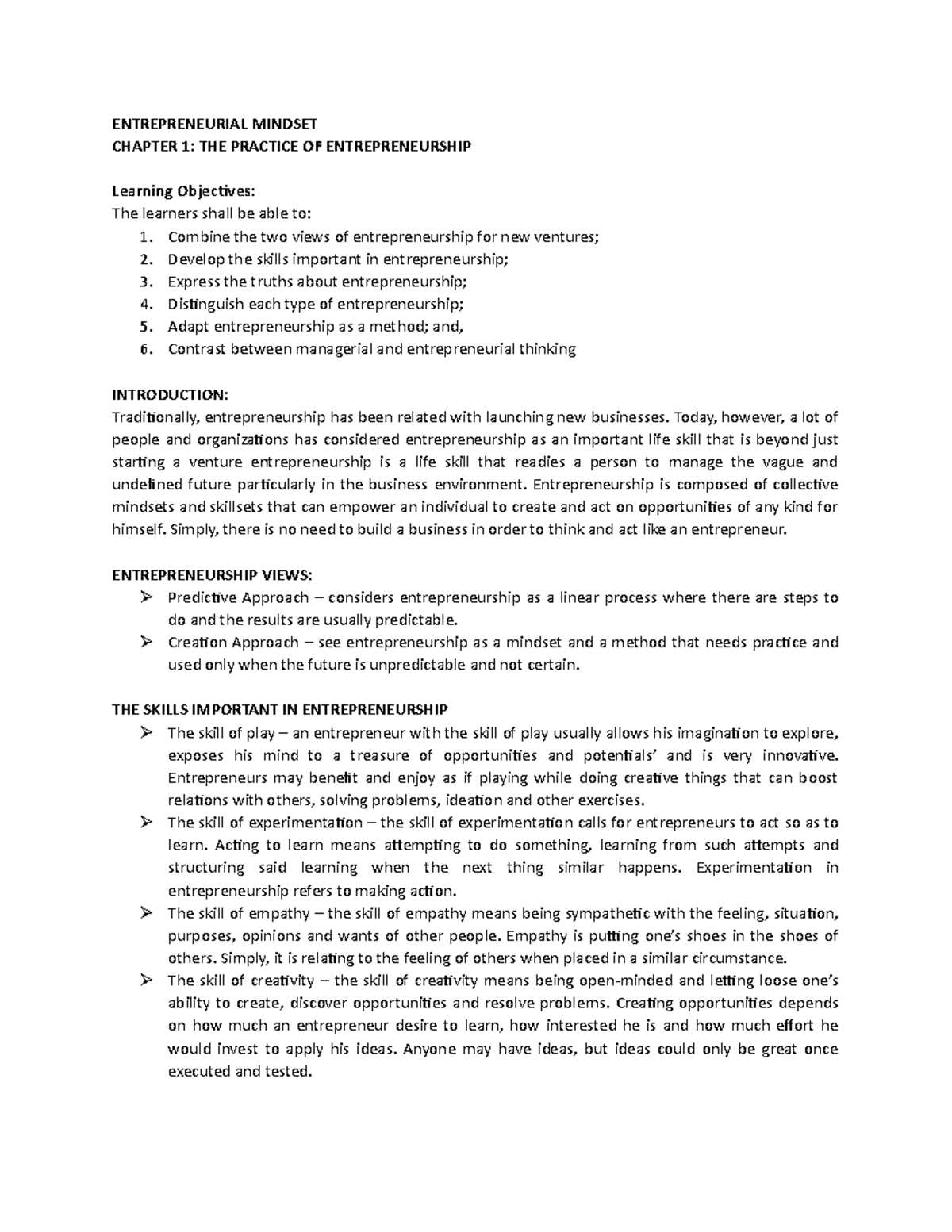 THE Practice OF Entrepreneurship - ENTREPRENEURIAL MINDSET CHAPTER 1 ...