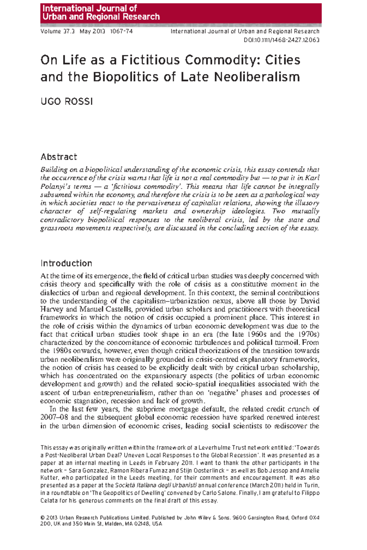 On life a fictiotius commodity Rossi Ijurr - On Life as a Fictitious Commodity: Cities and the ...