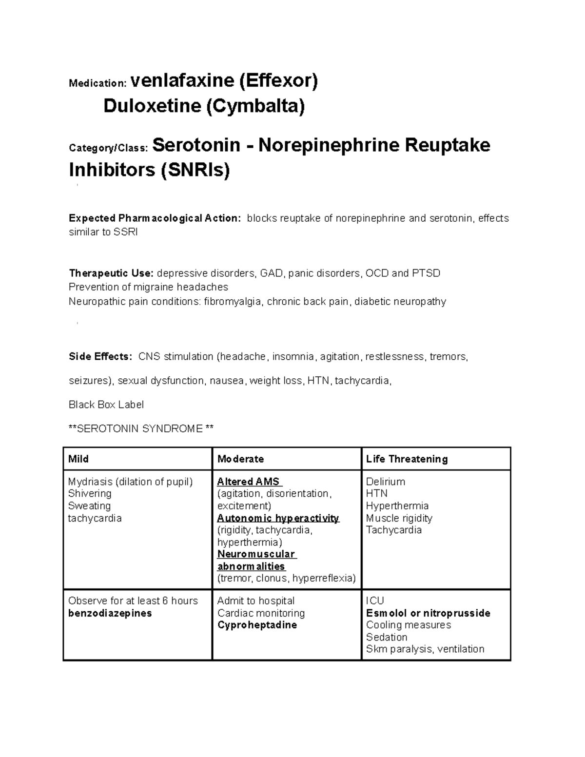 SNRIs - Medication: venlafaxine (Effexor) Duloxetine (Cymbalta ...