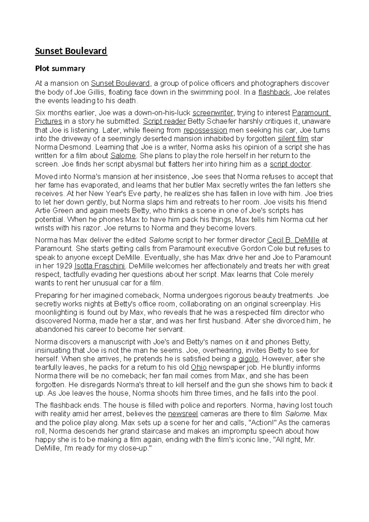 Yr.12 English Sunset Boulevard Plot Summary - Sunset Boulevard Plot summary At a mansion on ...