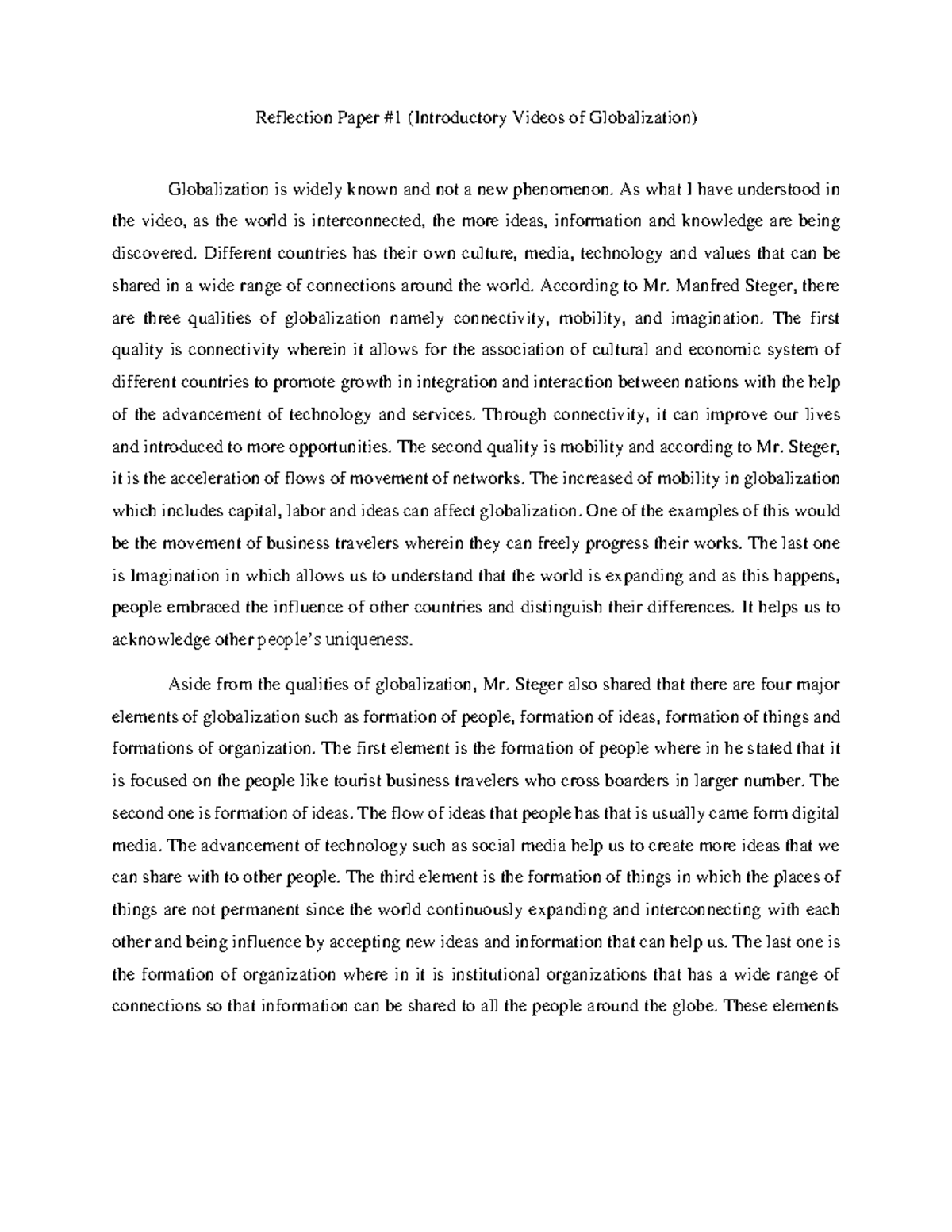 Introductory Video of Globalization - Reflection Paper #1 (Introductory ...