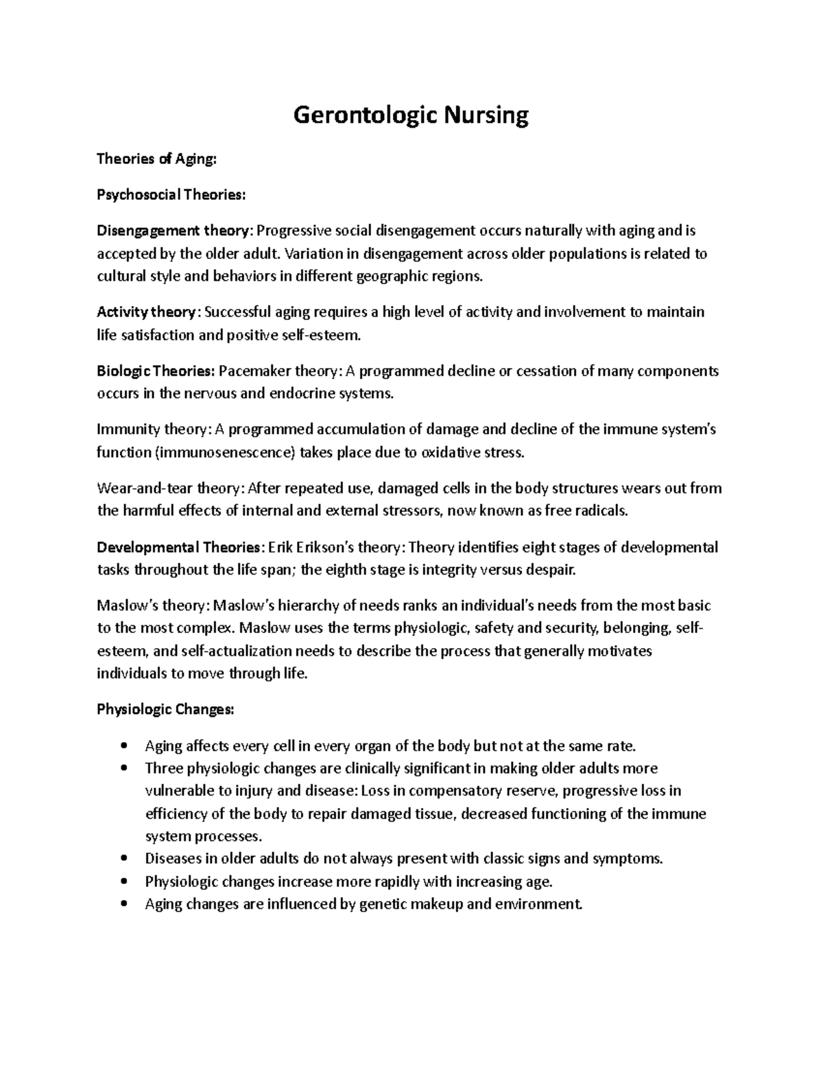 Gerontologic Nursing HESI Review - Gerontologic Nursing Theories of ...