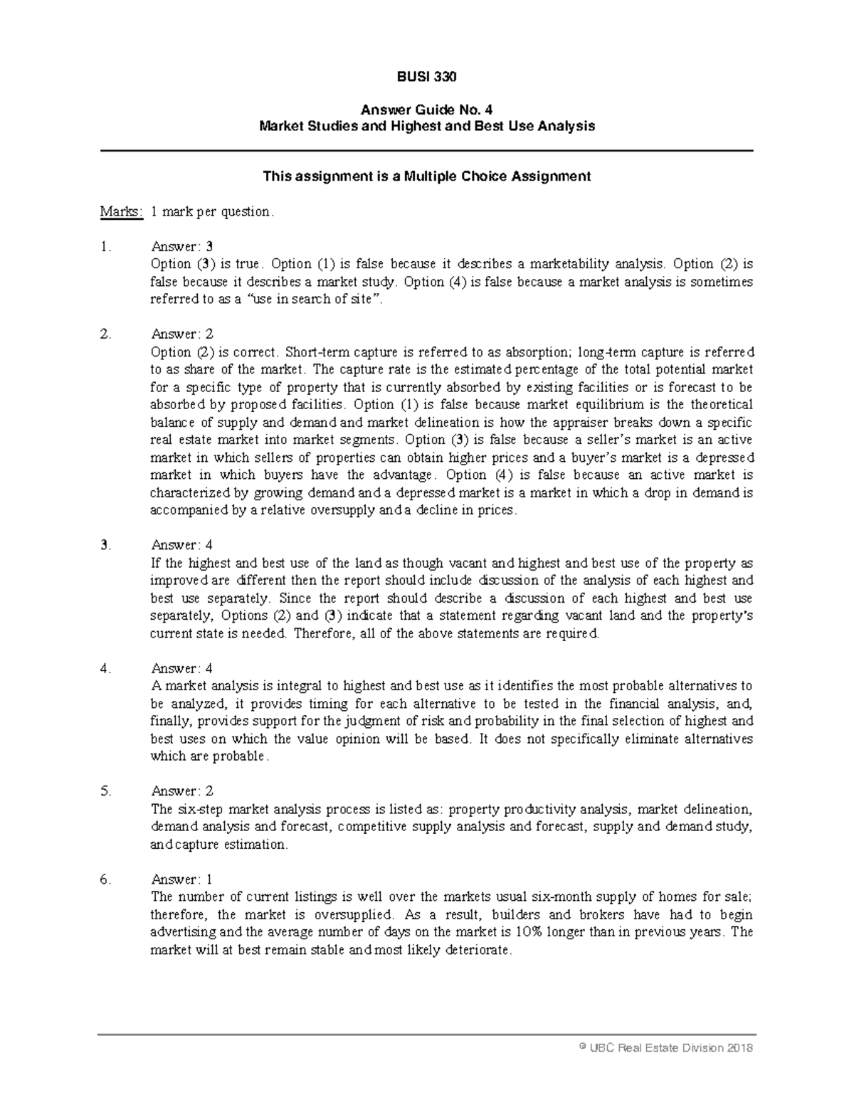 assignment 4 answer - © UBC Real Estate Division 2018 BUSI 330 Answer Guide No. 4 Market Studies ...