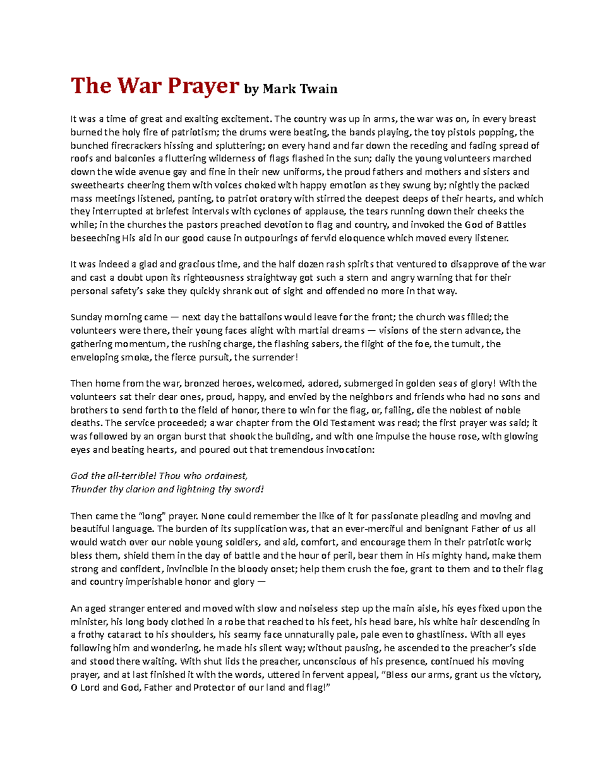 Reading The War Prayer - The most important thing about the war that ...