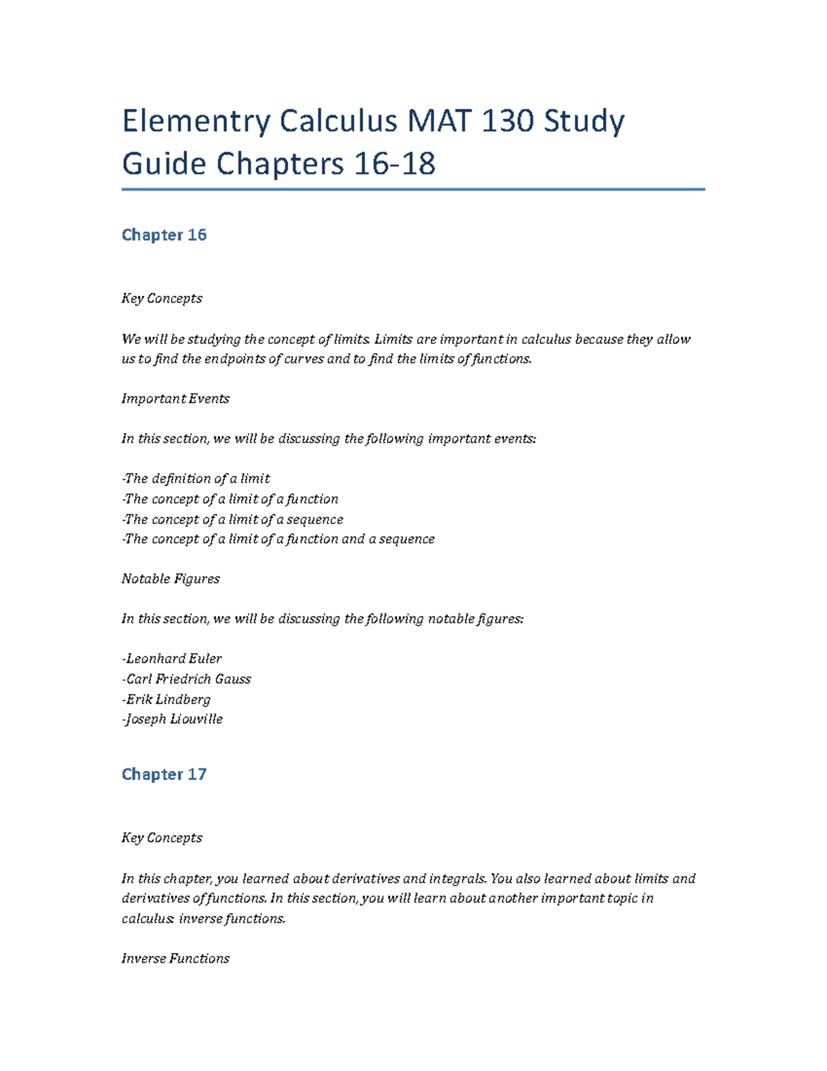 Elementry Calculus MAT 130 Study Guide Chapters 16-18 - Elementry Calculus MAT 130 Study Guide ...