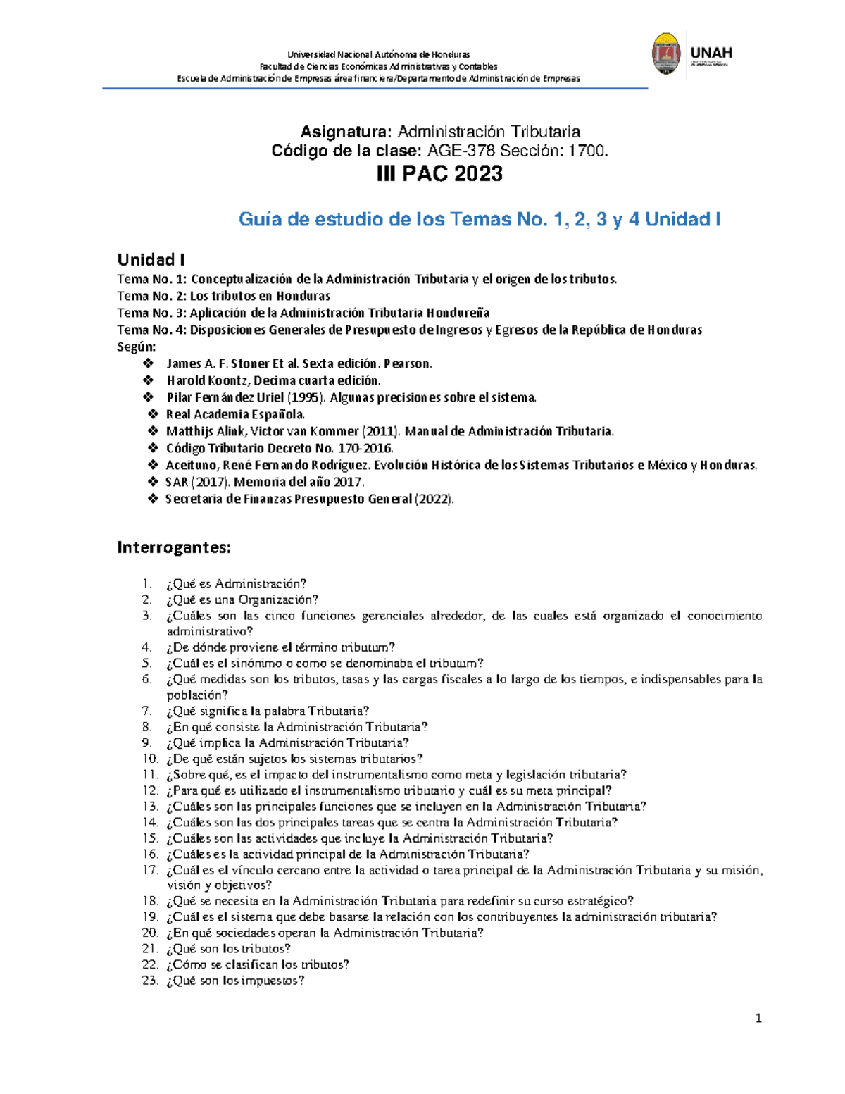 2.0 Guía de estudio Temas 1 , 2 y 3 Unidad I AGE 378 Iiipac 2023 - Universidad Nacional Autónoma ...