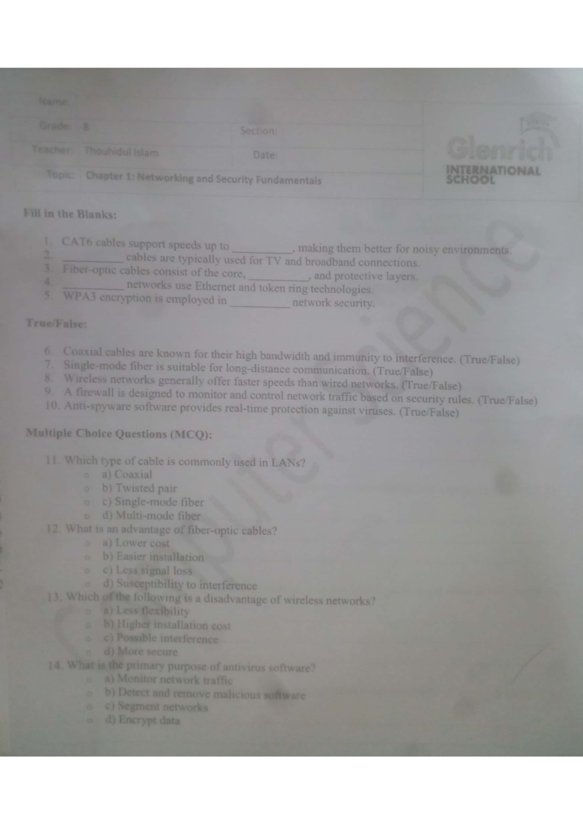 Cam Scanner 09-06-2024 11 - Name Grade: 8 Section: Teacher: Thouhidul ...