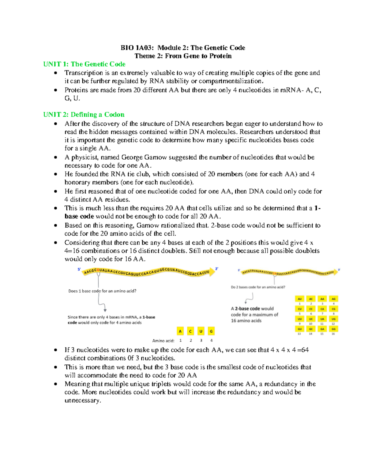 BIO 1A03- T2M2 - module notes - BIO 1A03: Module 2: The Genetic Code ...