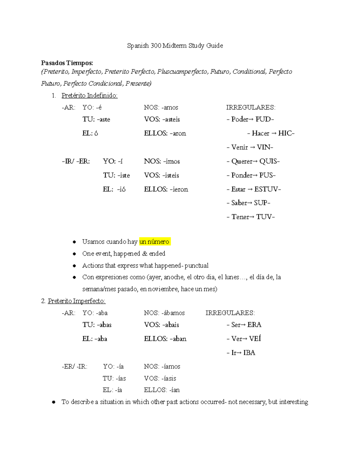 Span300 Midterm Study Guide - Spanish 300 Midterm Study Guide Pasados ...