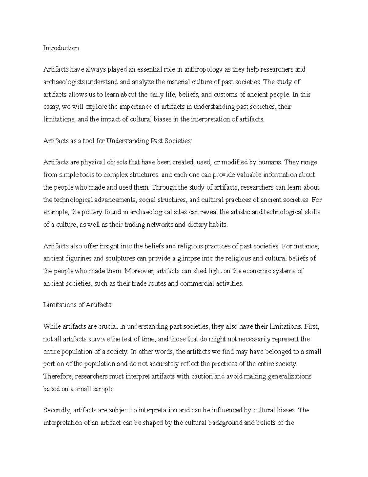 Title The Role of Artifacts in Understanding Past Societies ...