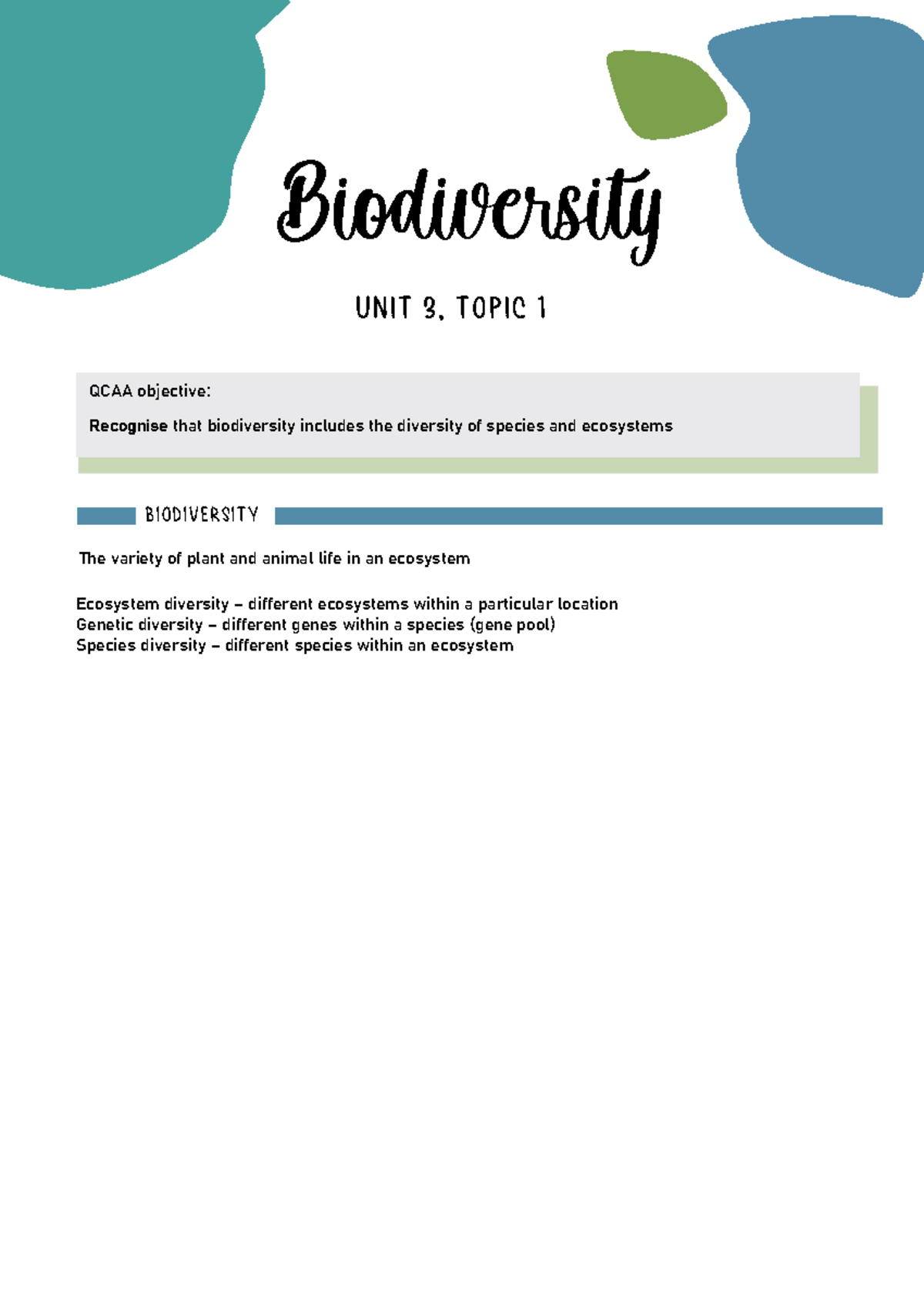 UNIT 3 & 4 Syllabus Notes Biology [71] - Unit 3 , Topic 1 QCAA ...