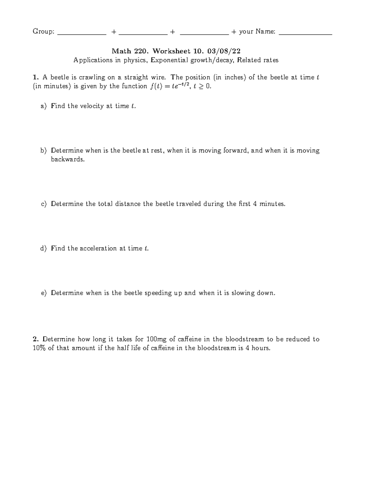 WS 11 - PROFESSOR WAS LAURA PLACZEK - Group: + + + your Name: Math 220 ...