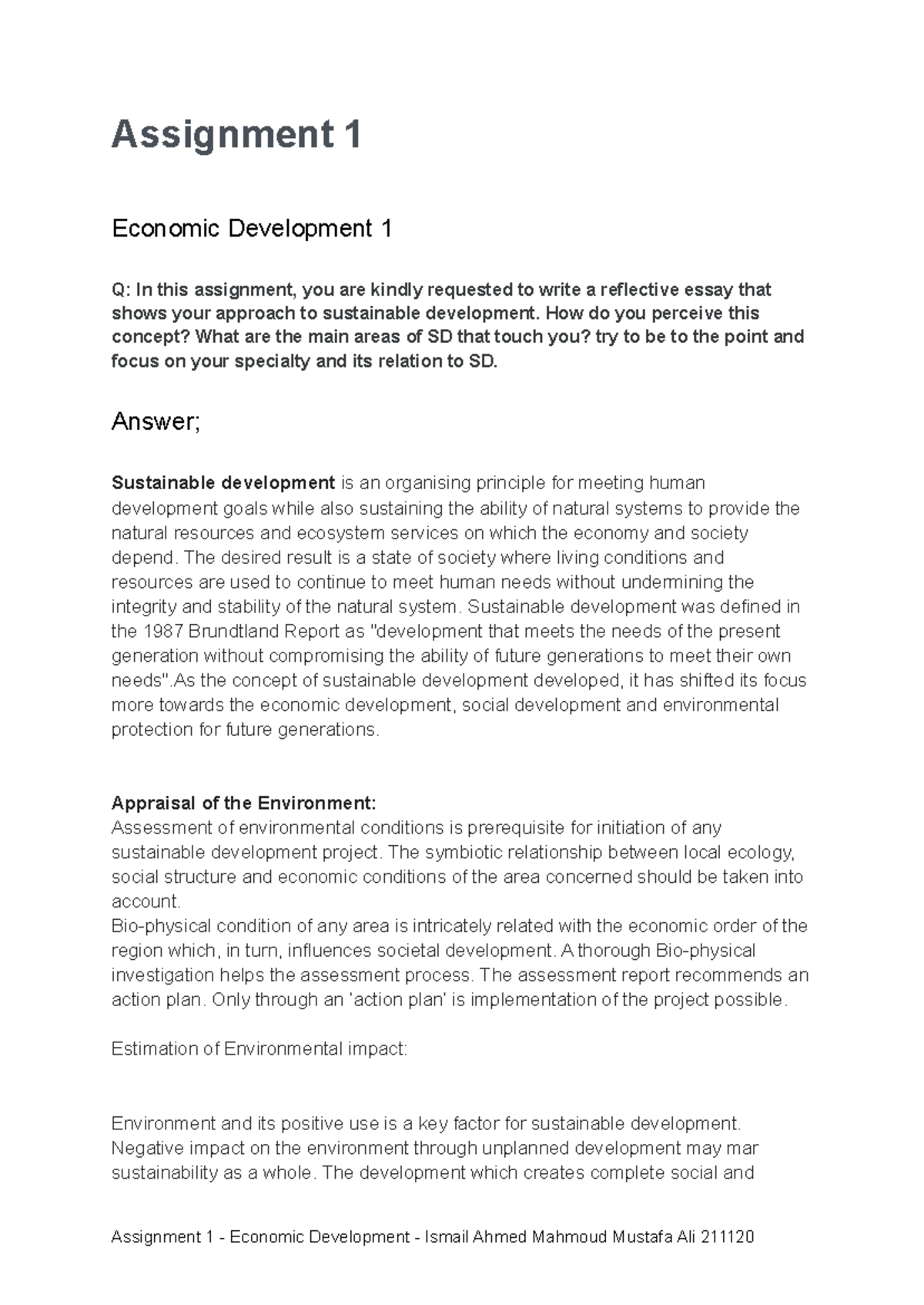 Assignment 1 E - Accounting - Assignment 1 Economic Development 1 Q: In ...