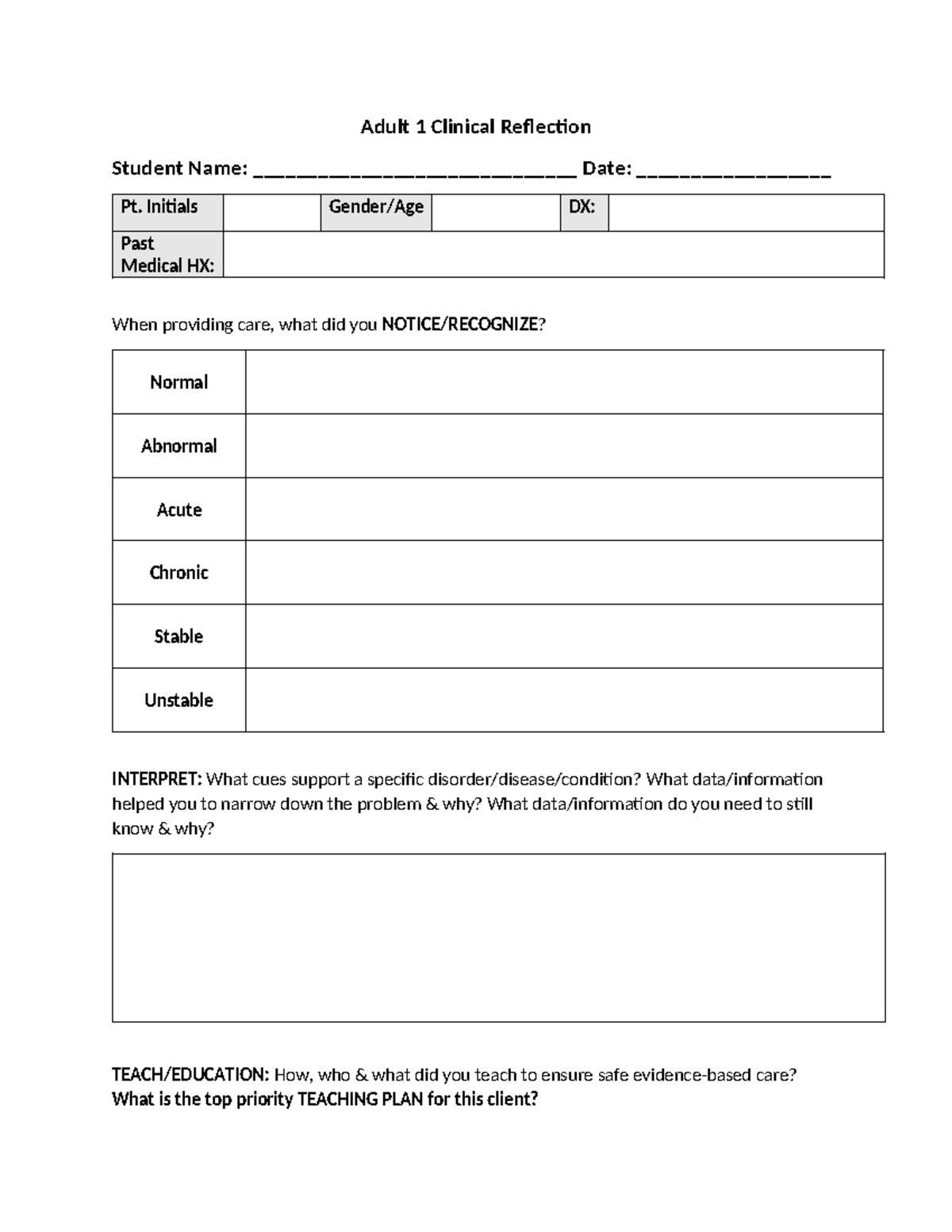 Adult 1 Clinical Judegment and Reflection - Adult 1 Clinical Reflection ...