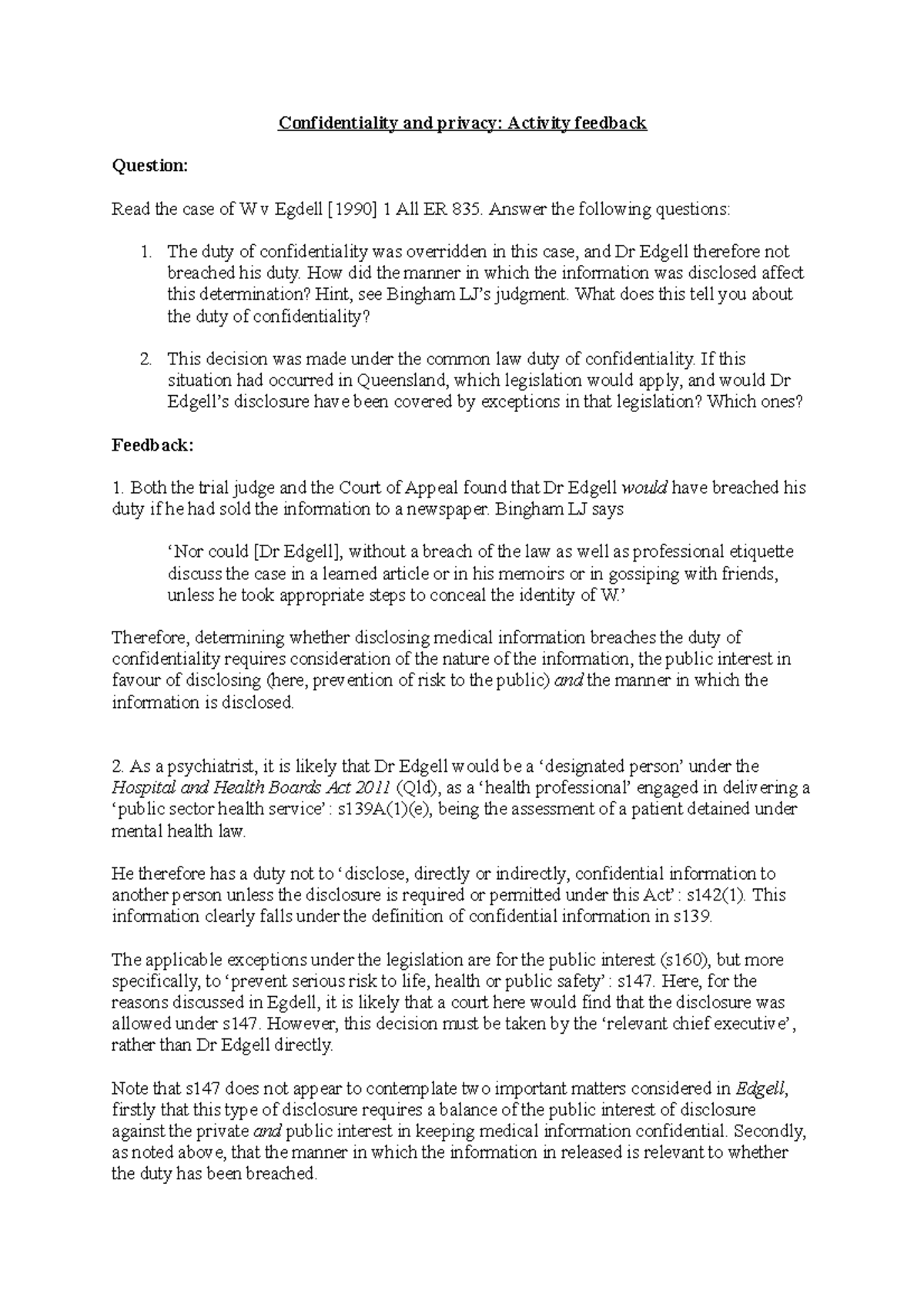 Confidentiality and privacy activty feedback - Confidentiality and ...