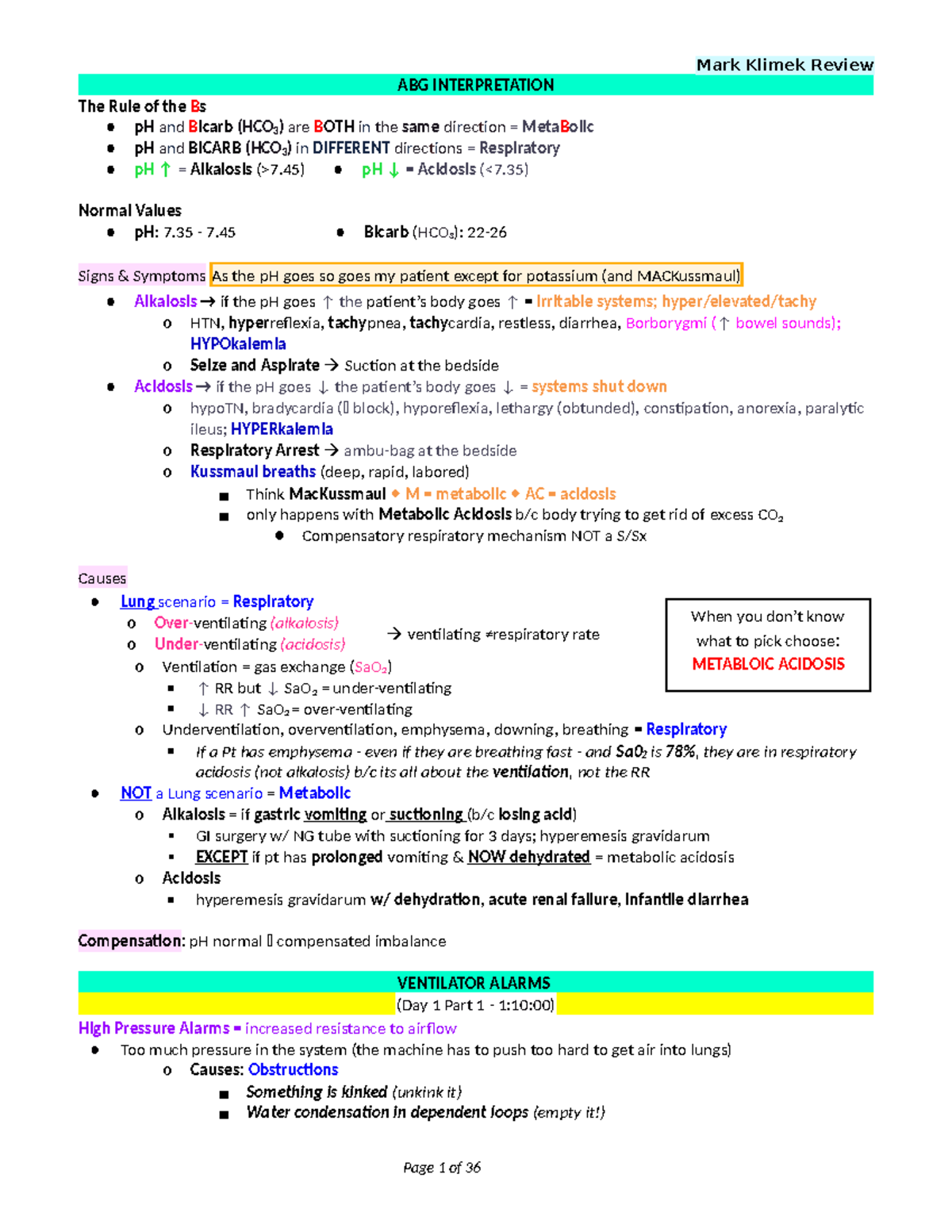 Mark K Notes HT v2 - jkhk - ABG INTERPRETATION The Rule of the Bs pH ...
