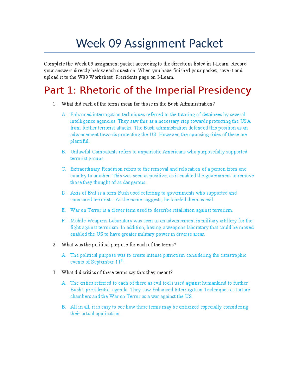 week09 Assignment Packet - Week 09 Assignment Packet Complete the Week 09 assignment packet ...