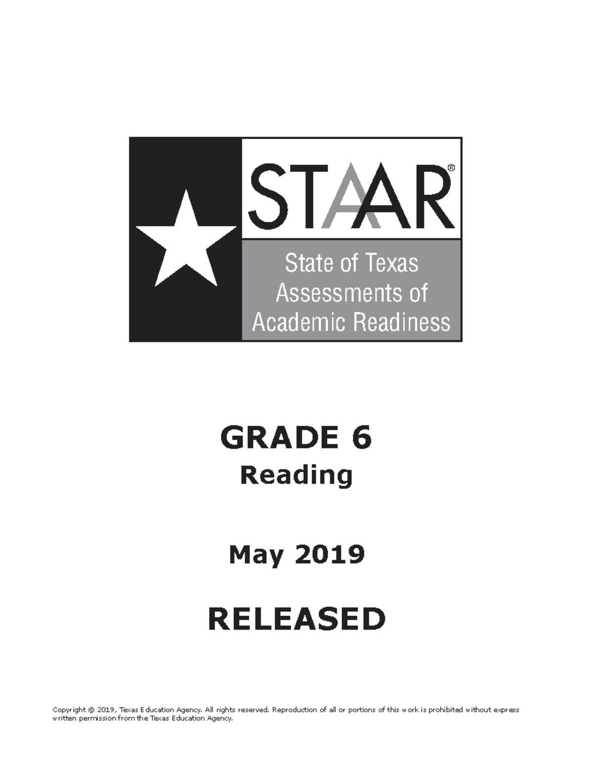 2019 staar gr6 reading test - ® STAAR State of Texas Assessments of ...