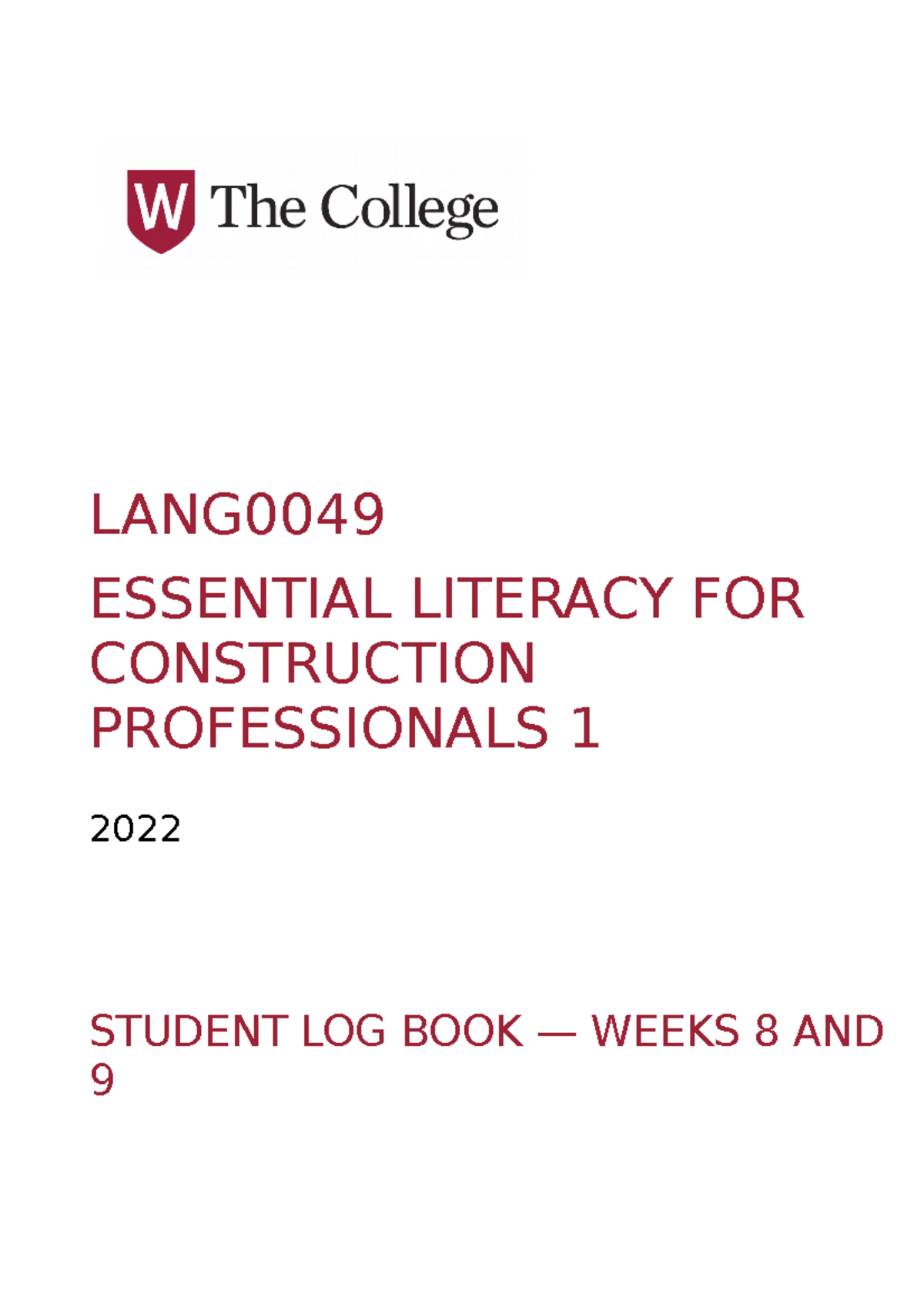 Log Book Weeks 8 and 9 - MATHS - LANG ESSENTIAL LITERACY FOR ...
