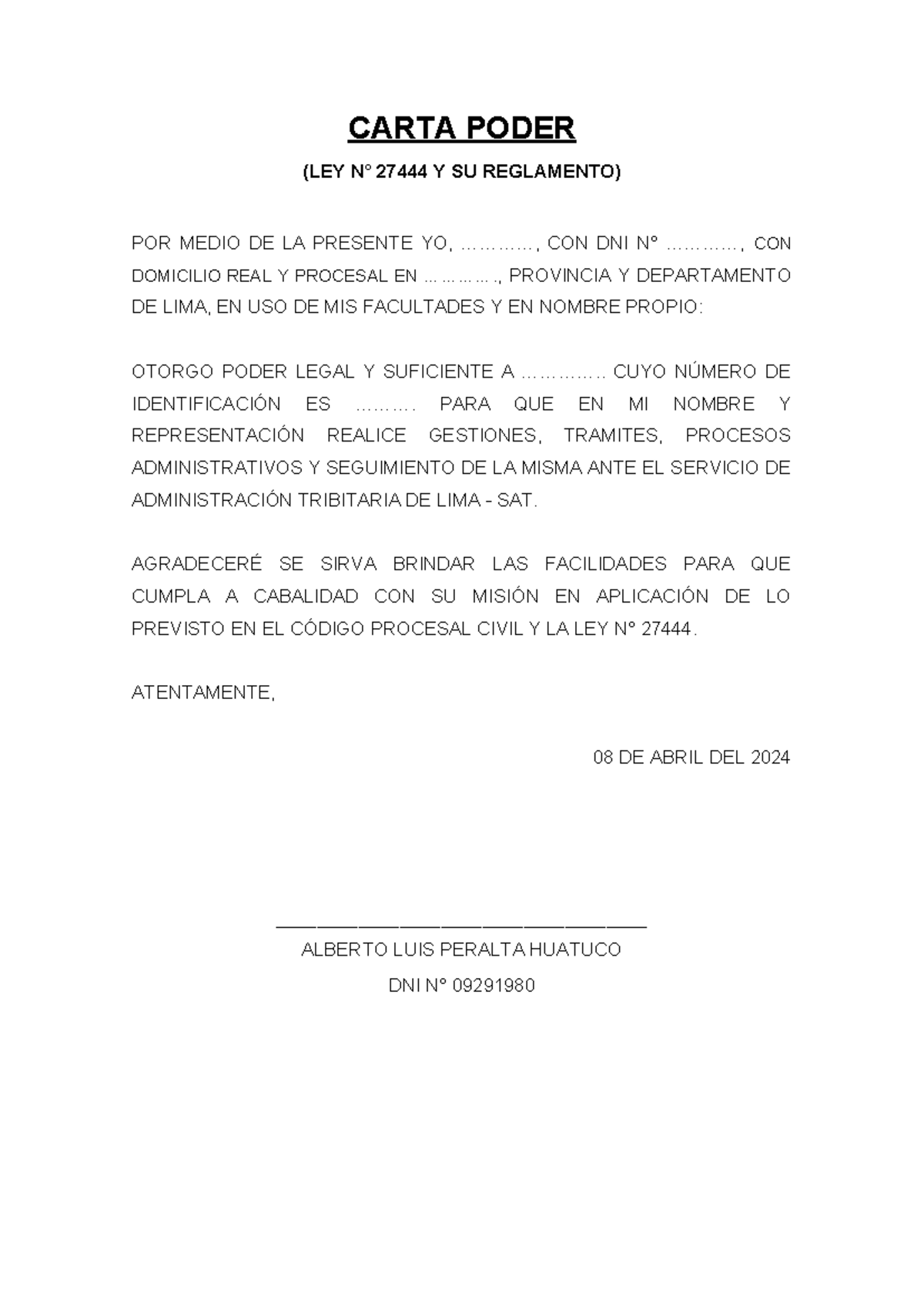 Carta Poder modelo - CARTA PODER (LEY N° 27444 Y SU REGLAMENTO) POR ...