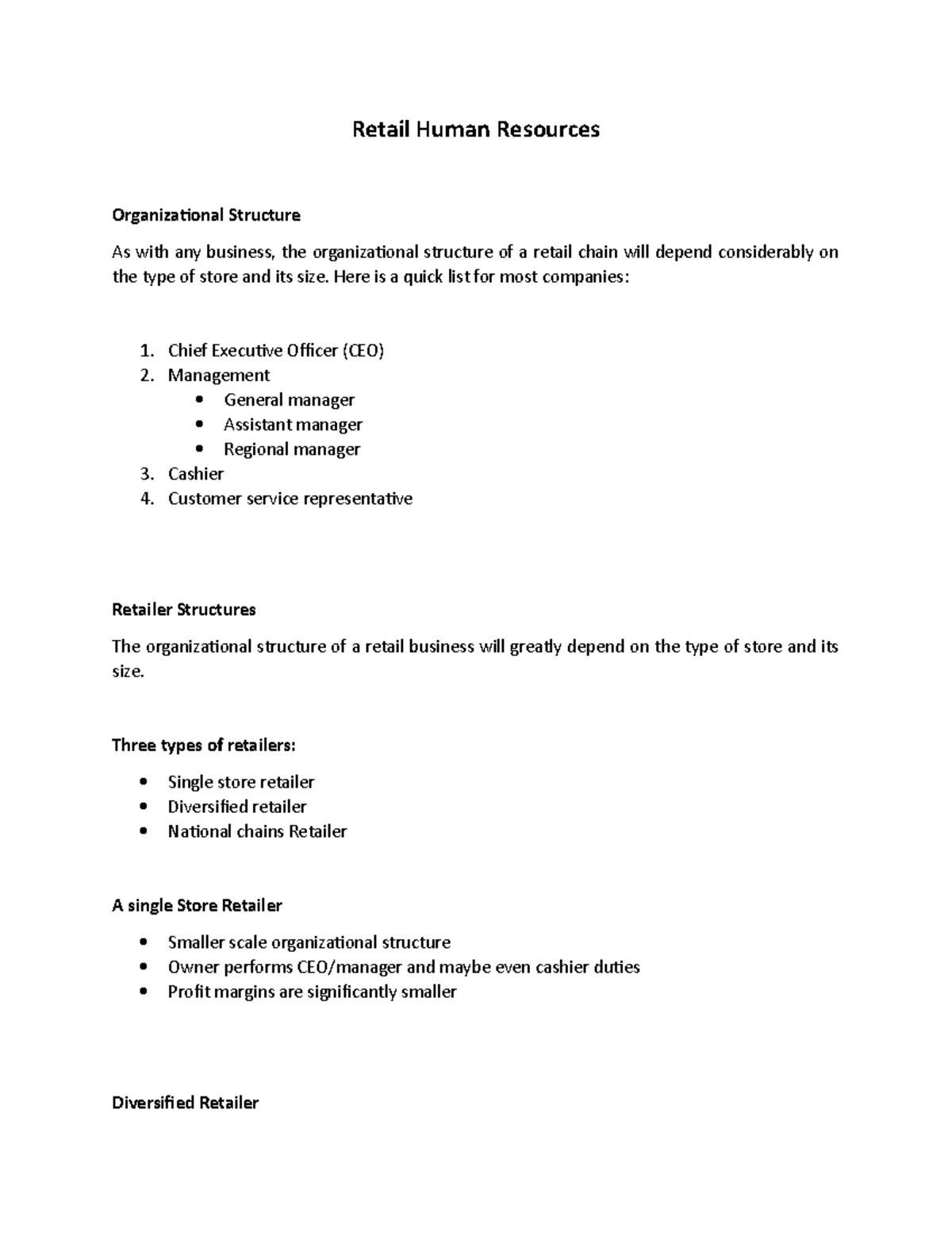 Retail Human Resources - Retail Human Resources Organizational ...