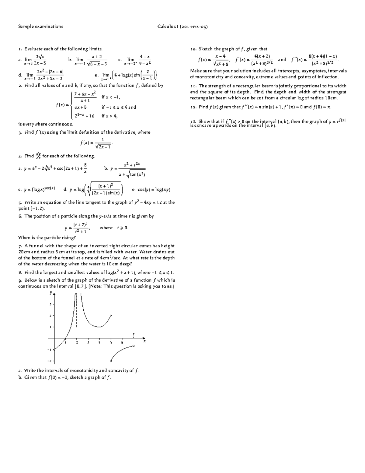 Final Exam A - Sample examinations Calculus I ( -nya- ) . Evaluate each ...