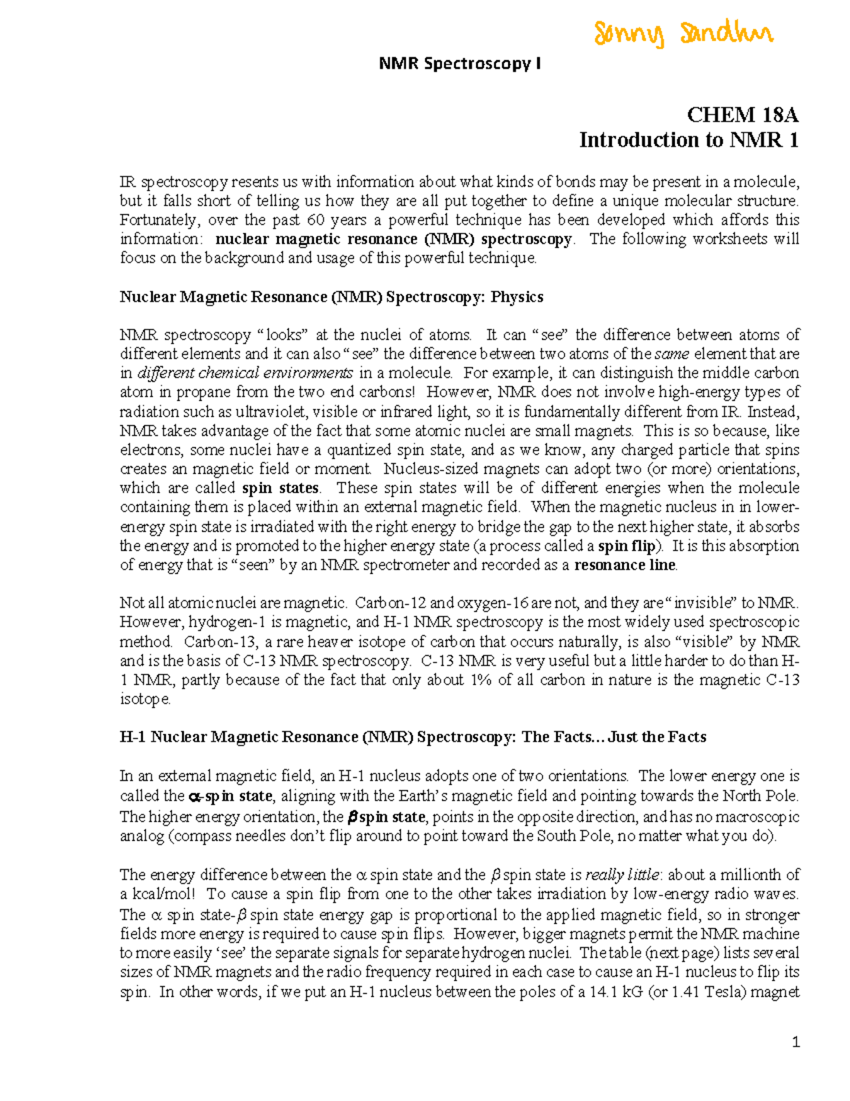 Intro+to+NMR+1 - NMR lab - NMR Spectroscopy I CHEM 18A Introduction to ...
