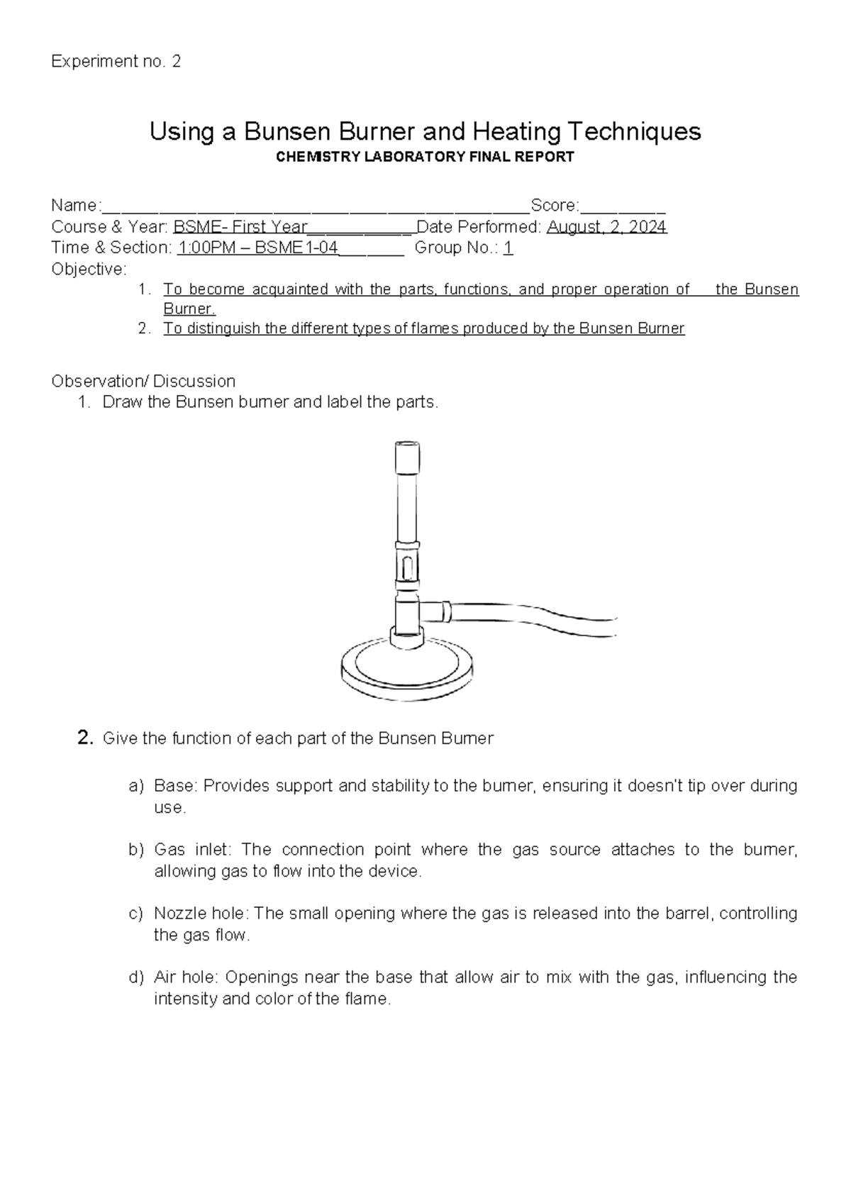 Chem-Lab - chem lab - Experiment no. 2 Using a Bunsen Burner and ...