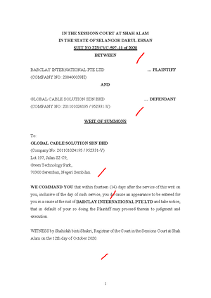 Writ Summons - cause papers - IN THE HIGH COURT OF SABAH AND SARAWAK IN ...