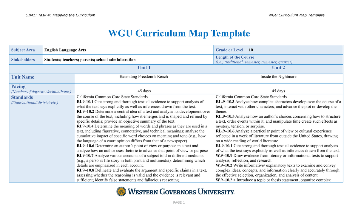 OIM1- Task 4 Curriculum Map - WGU Curriculum Map Template Subject Area ...