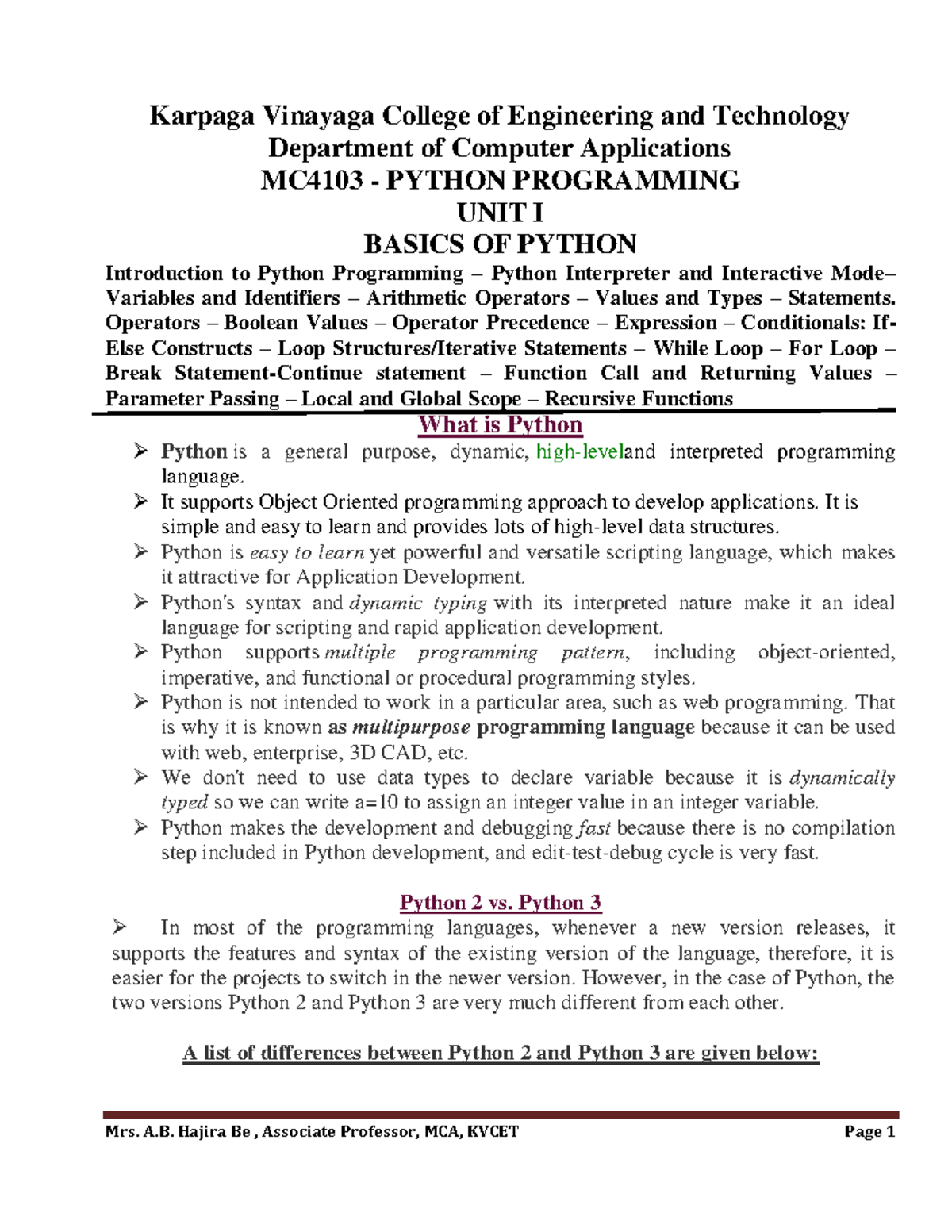 Python Programming UNIT-1 8th dec - Karpaga Vinayaga College of ...