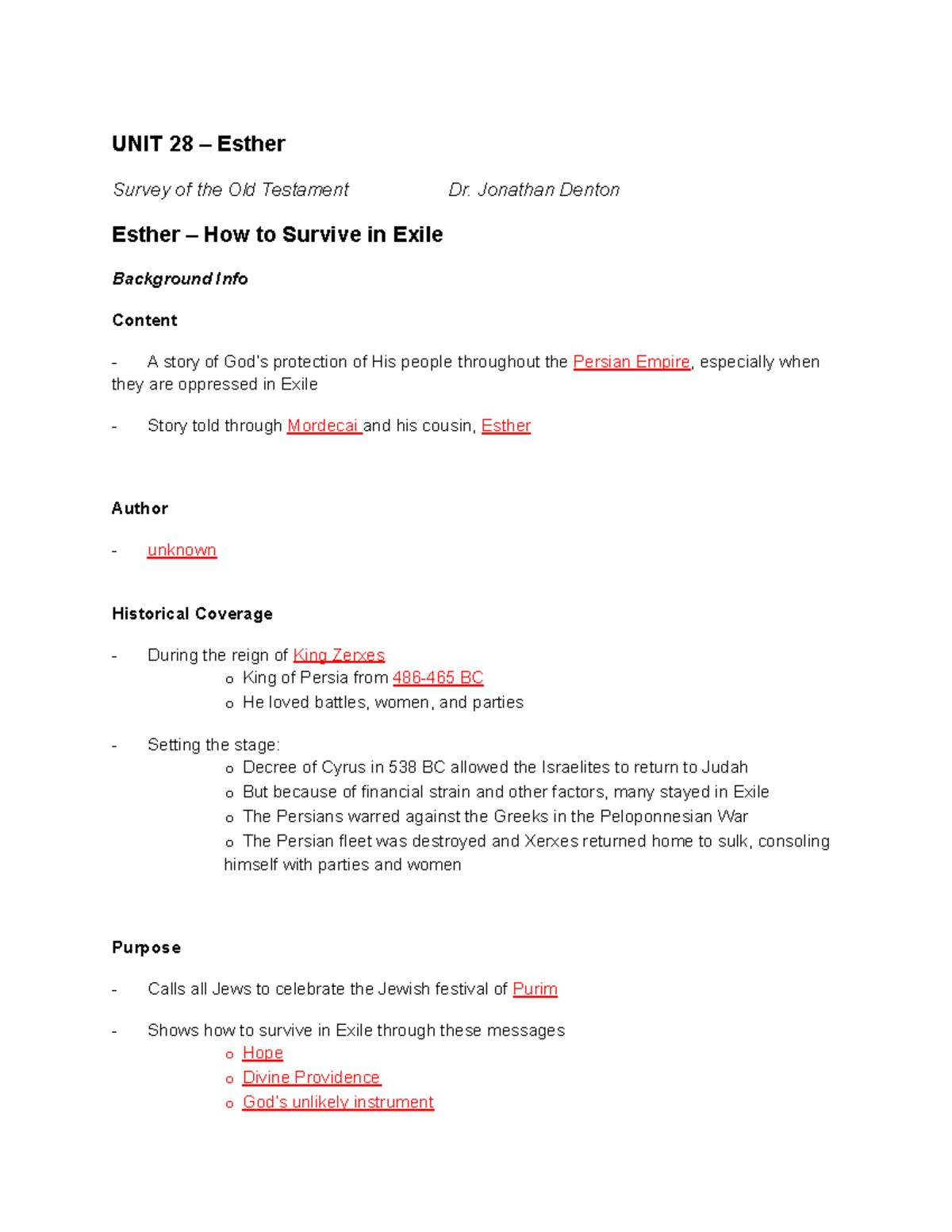 UNIT 28 – Esther - Filled in lecture notes - UNIT 28 – Esther Survey of ...