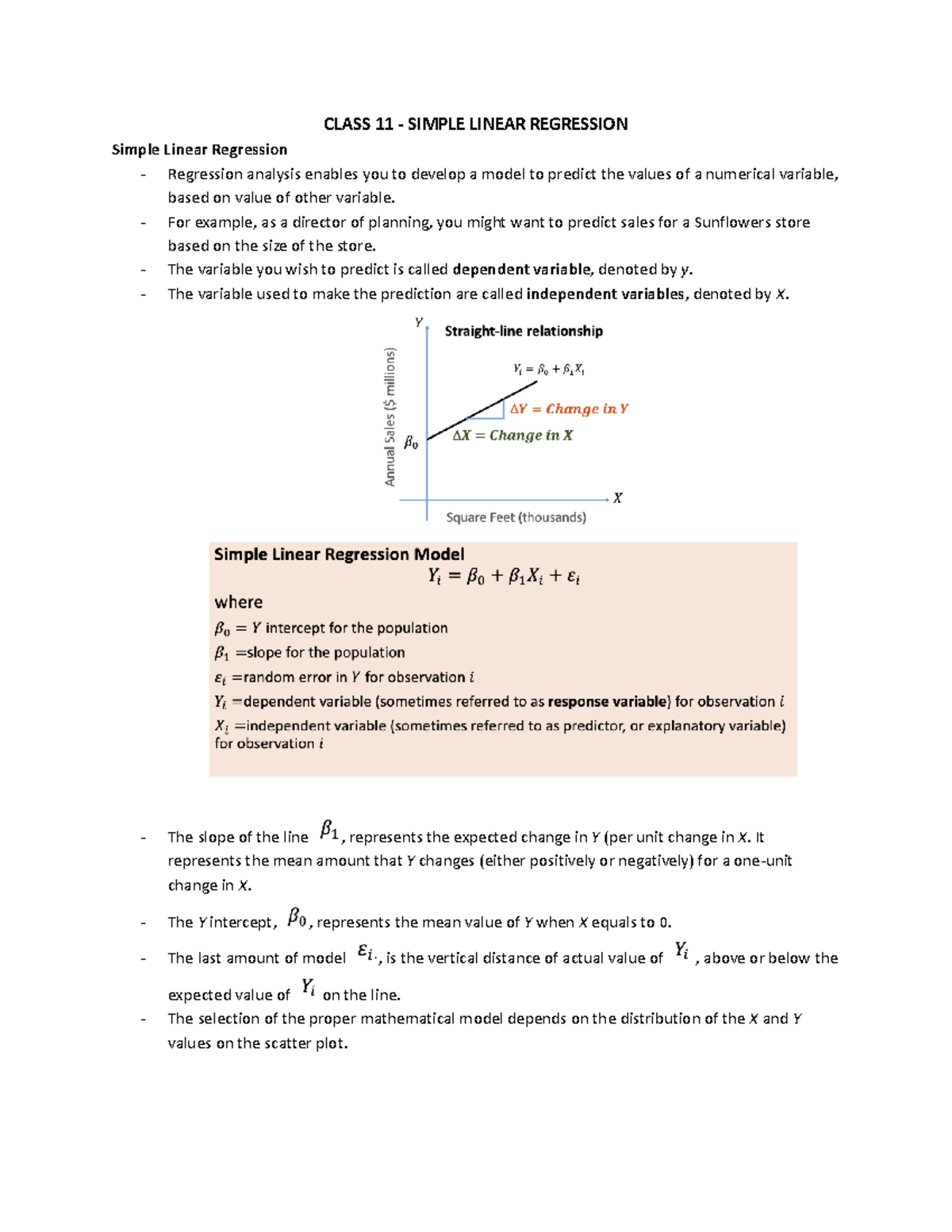 QMS 210- Class 11 - CHAPTER 11 - CLASS 11 - SIMPLE LINEAR REGRESSION Simple Linear Regression ...