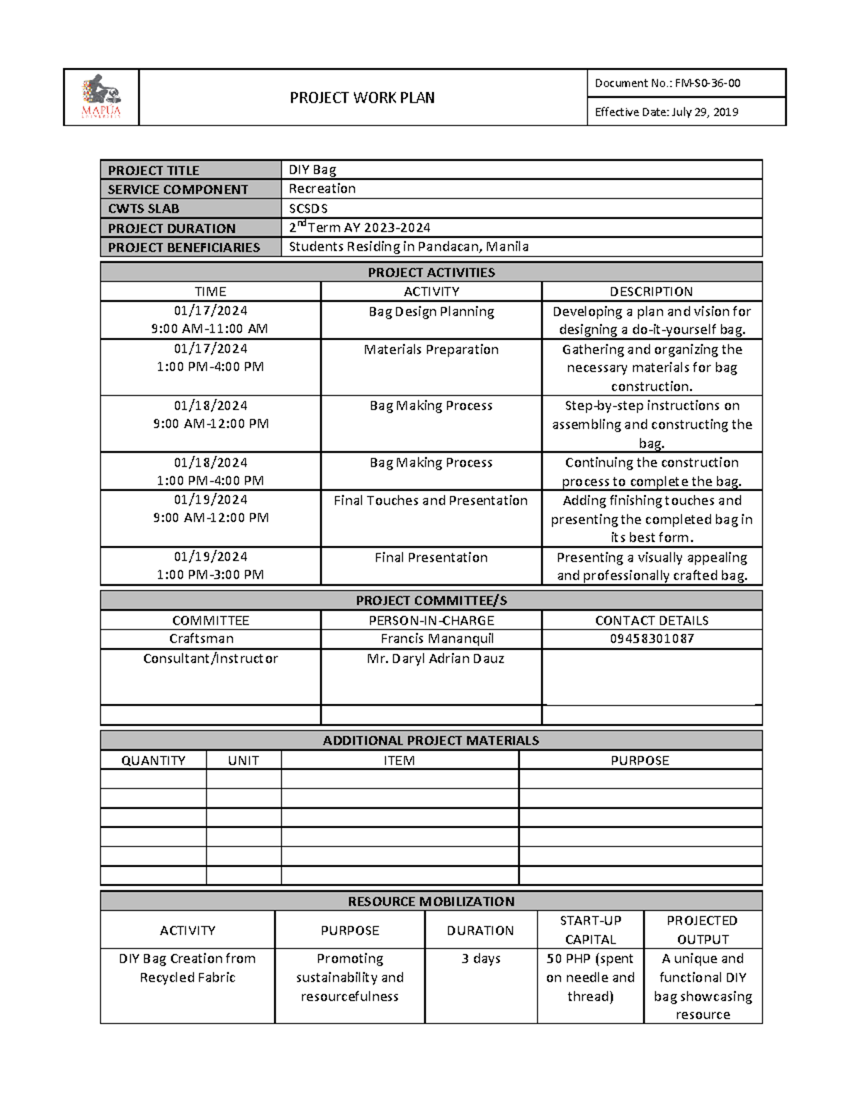 CWTS103 PWP - asd - PROJECT WORK PLAN Document No.: FM-S0- 36 - 00 Effective Date: July 29, 2019 ...
