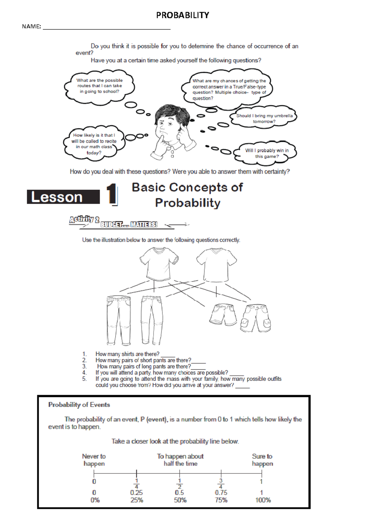 Week 1 - Learning Activity Sheet - PROBABILITY NAME