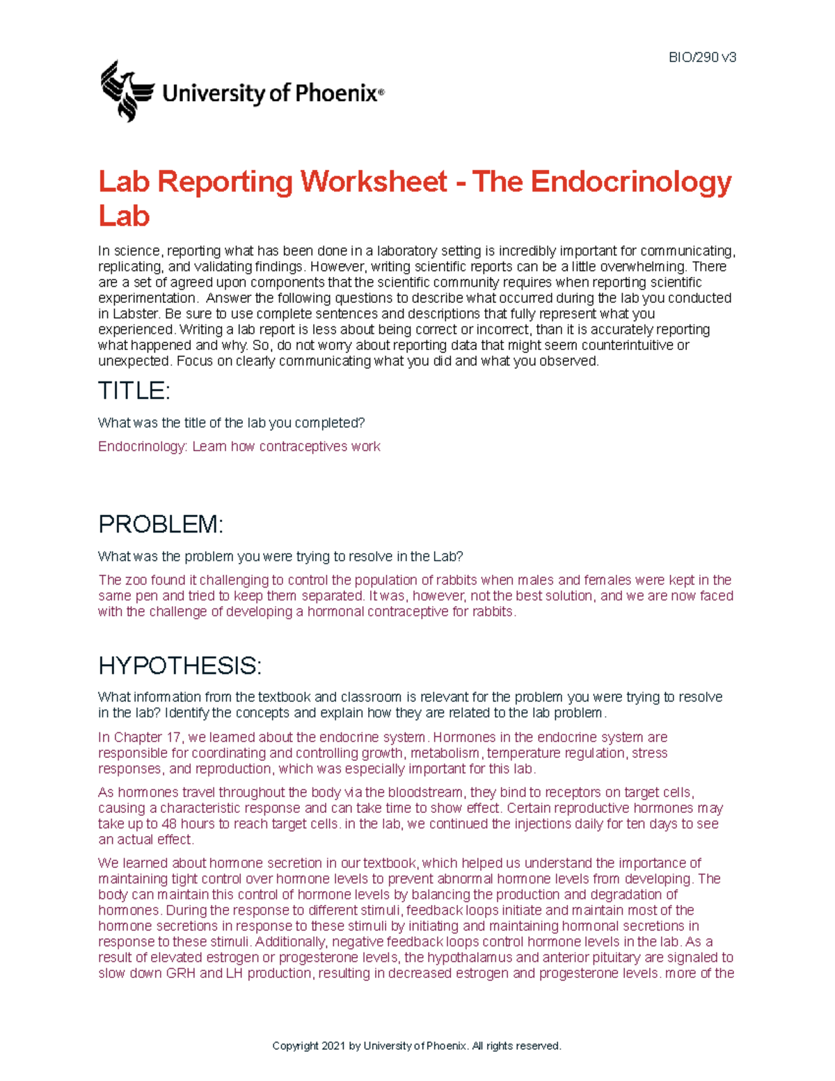 Bio290 v3 wk7 the endocrinology lab - BIO/290 v Lab Reporting Worksheet ...